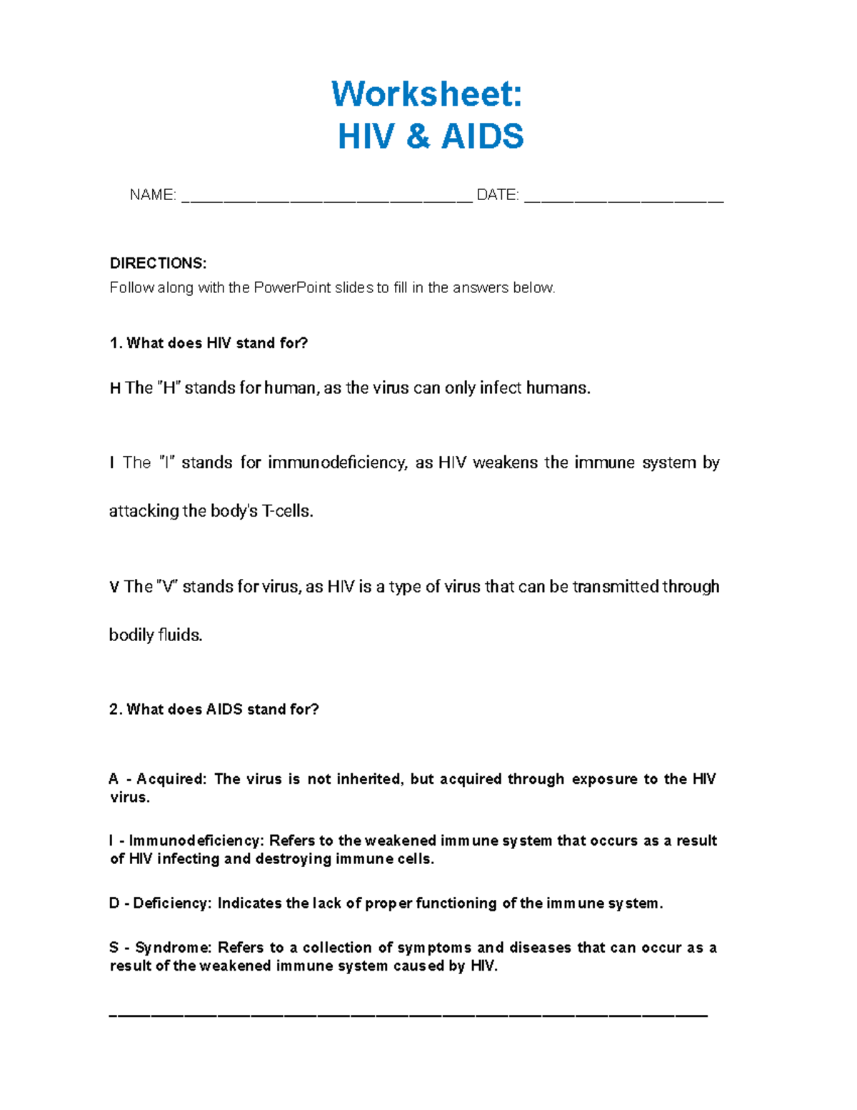 HIV&AIDS Worksheet - ger - Worksheet: HIV & AIDS NAME