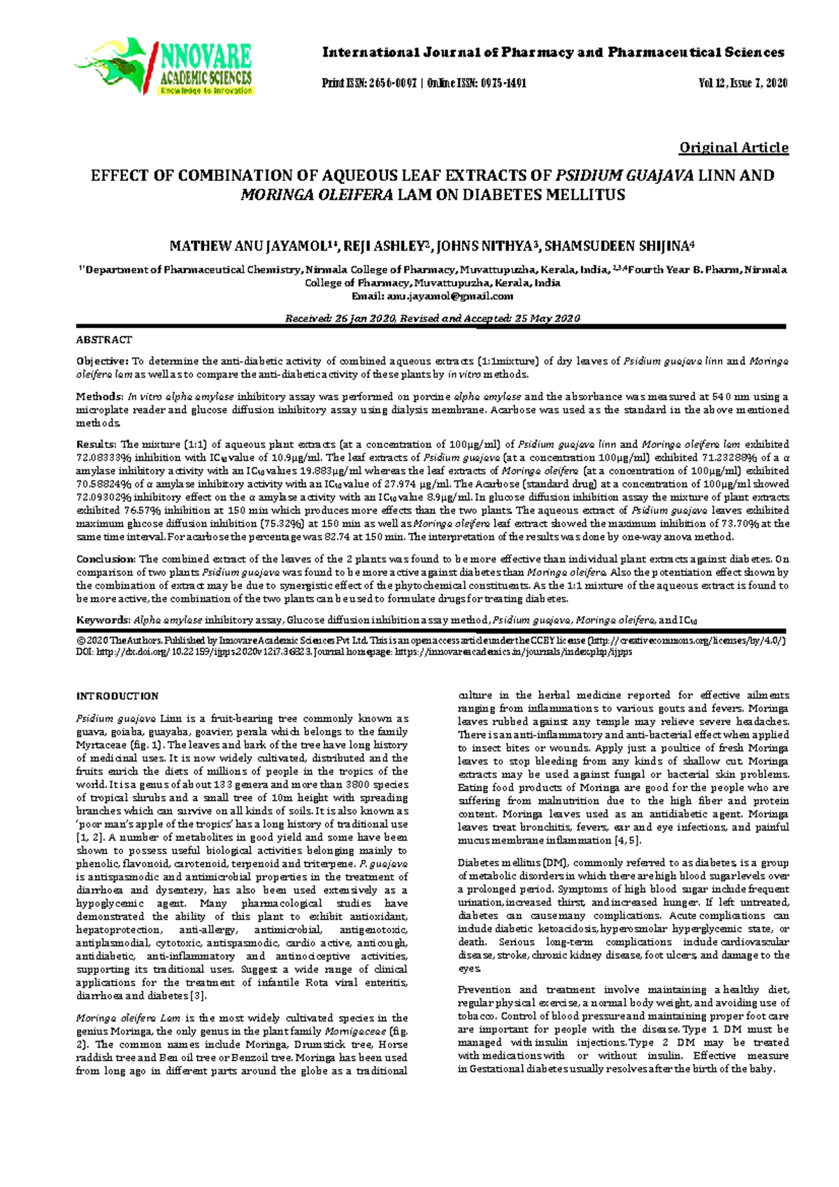 Effect Of Combination Of Aqueous Leaf Ex Original Article Effect Of