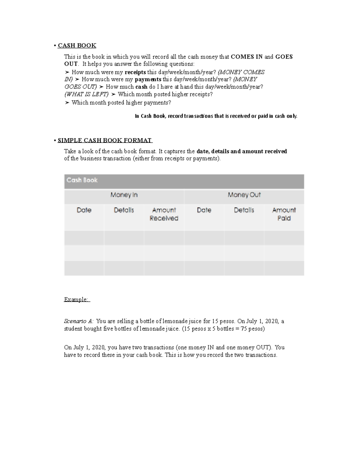 CASH BOOK - Contains Lecture Notes - • CASH BOOK This is the book in ...