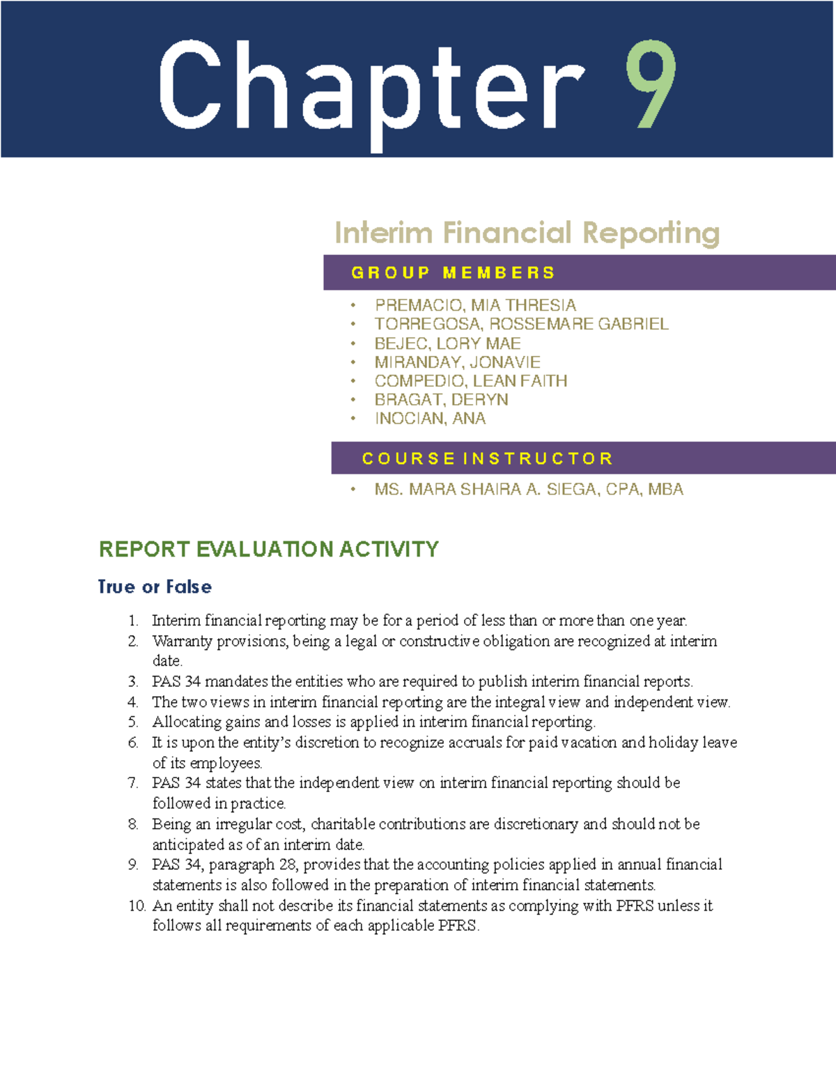 C9 Report Evaluation Activity - Chapter 9 C O U R S E I N S T R U C T O ...