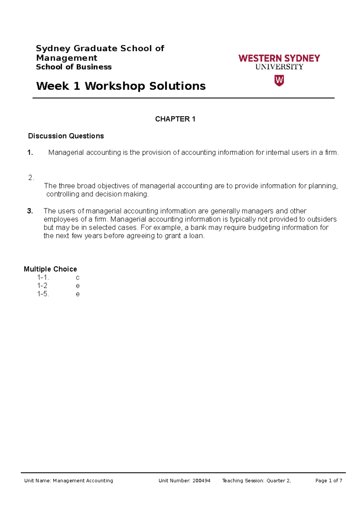 Week 1 Workshop Solutions - Sydney Graduate School of Management School ...