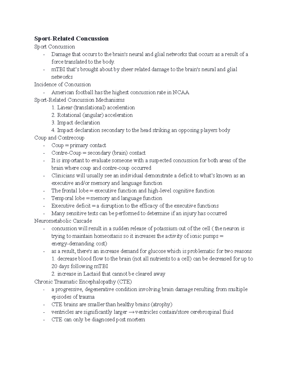 Kin 1080 test 1 notes - Sport-Related Concussion Sport Concussion ...