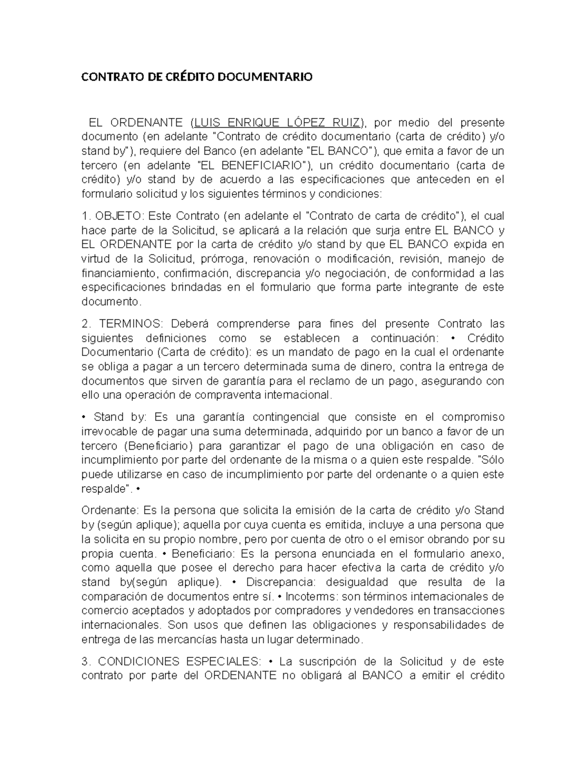 Contrato DE Crédito Documentario - CONTRATO DE CRÉDITO DOCUMENTARIO EL ...