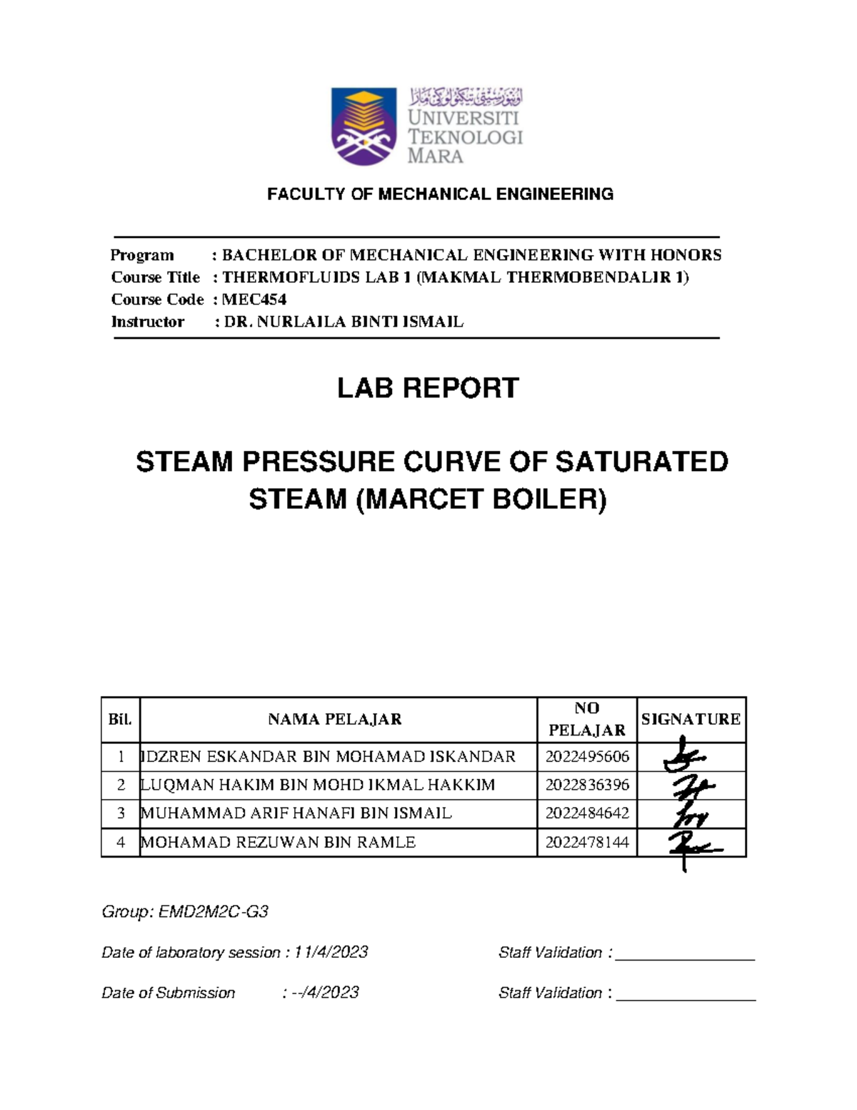Steam Pressure Curve of Saturated Steam ( Marcet Boiler ) - FACULTY OF ...