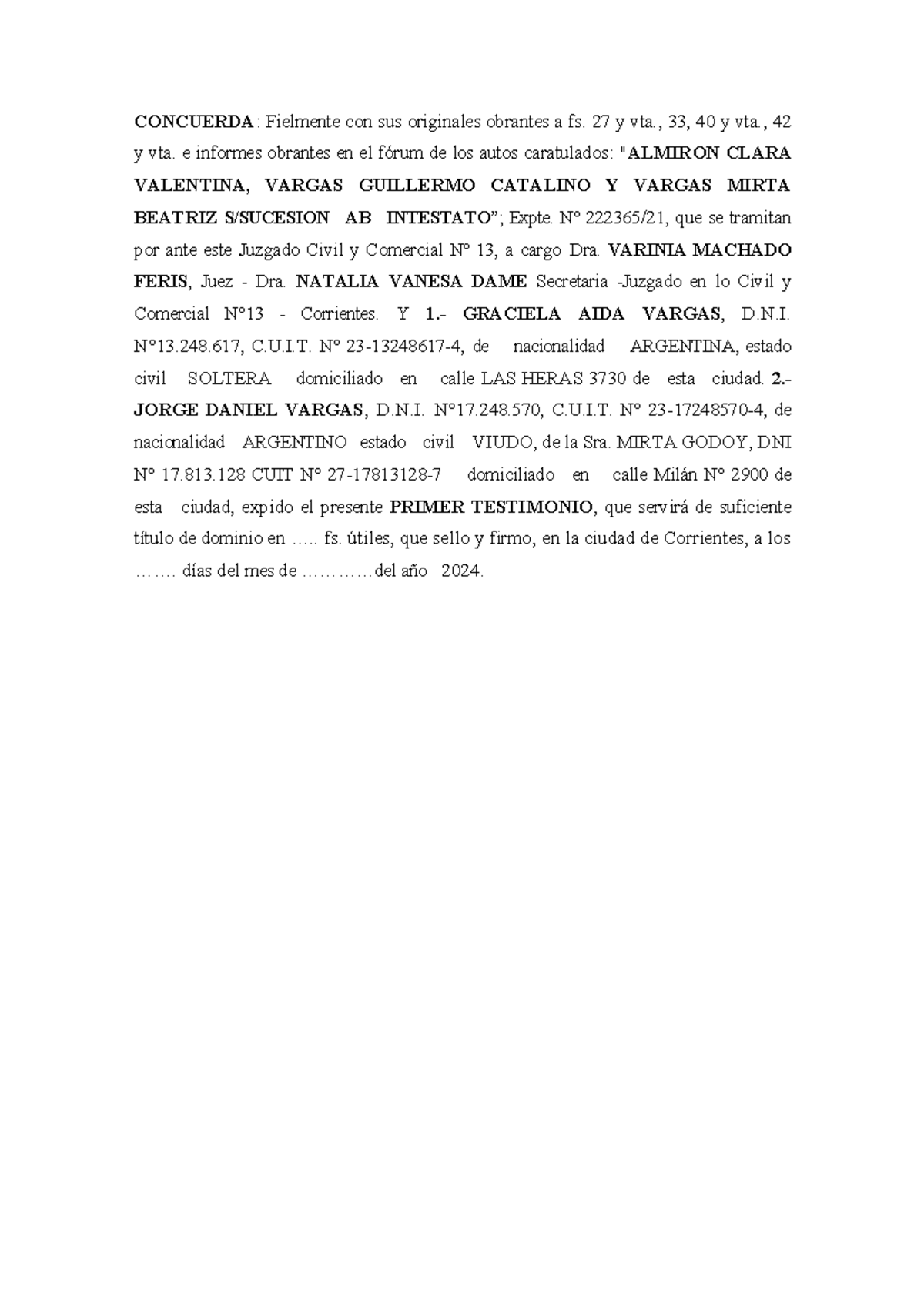 Concuerda - MINUTA SUCESORIO - CONCUERDA: Fielmente con sus originales ...