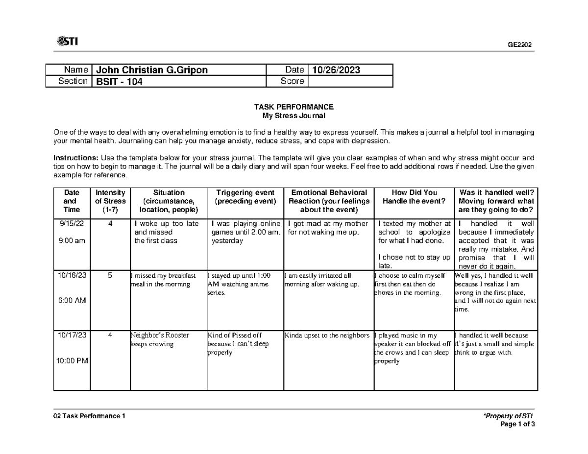 02 Task Performance 1 - GE 02 Task Performance 1 *Property of STI Page 1 of 3 Name John ...