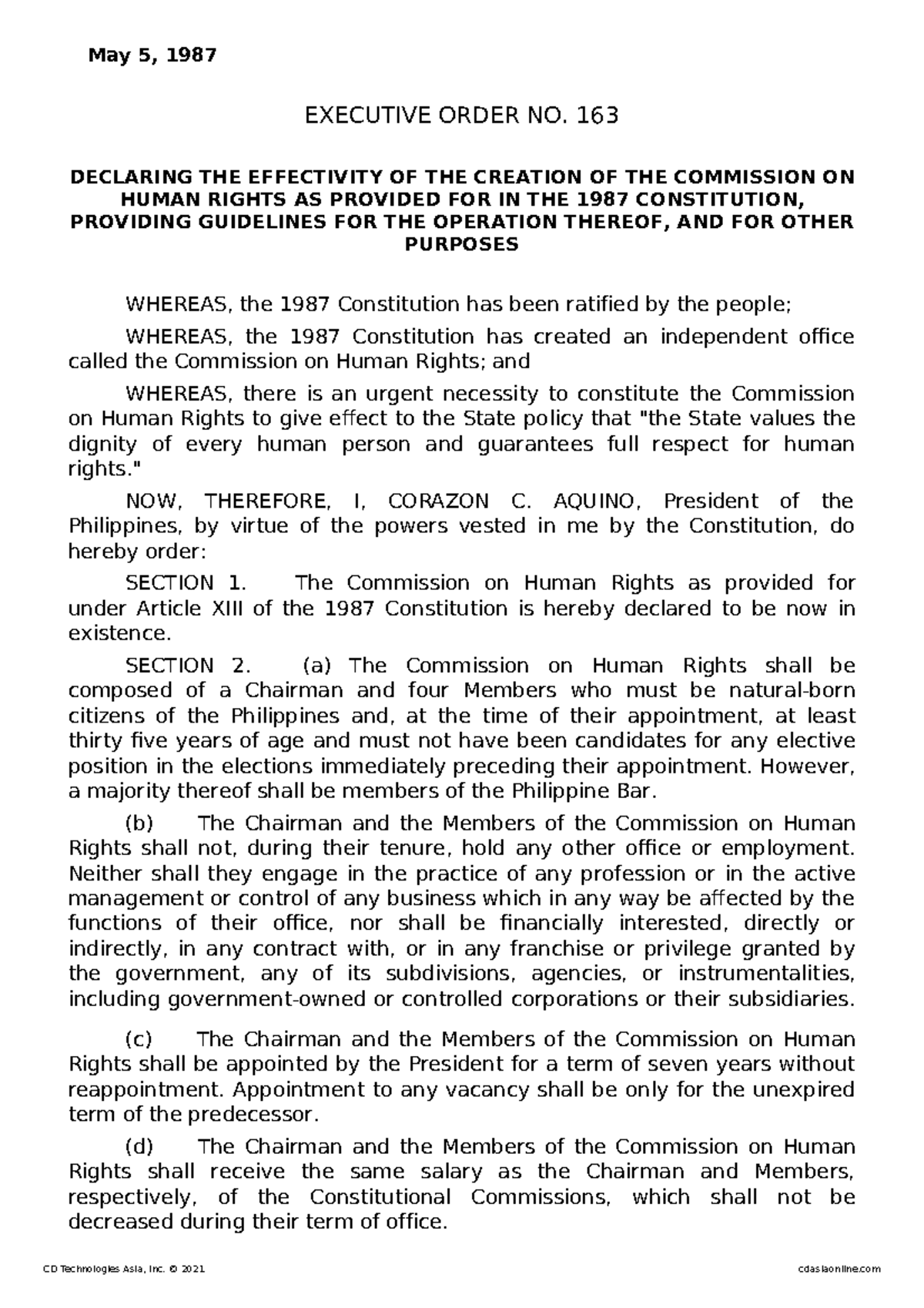 Effectivity of the Creation of the Commission - May 5, 1987 EXECUTIVE ...