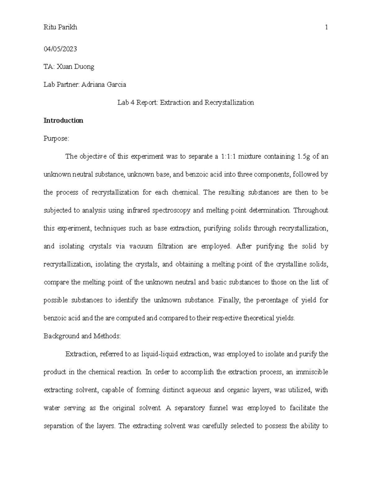 Orgo Lab 4-extraction and recrystallization - 04/05/ TA: Xuan Duong Lab ...