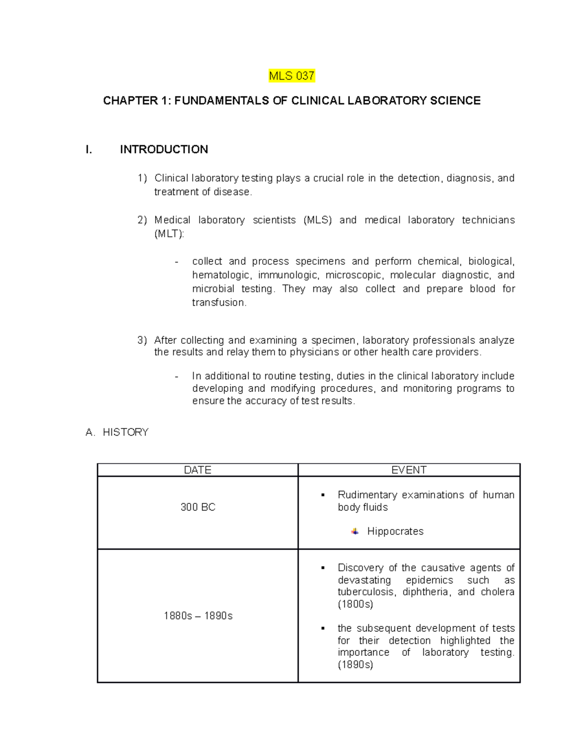 Chapter 1 Medical Laboratory Science (1st Year) - MLS 037 CHAPTER 1 ...