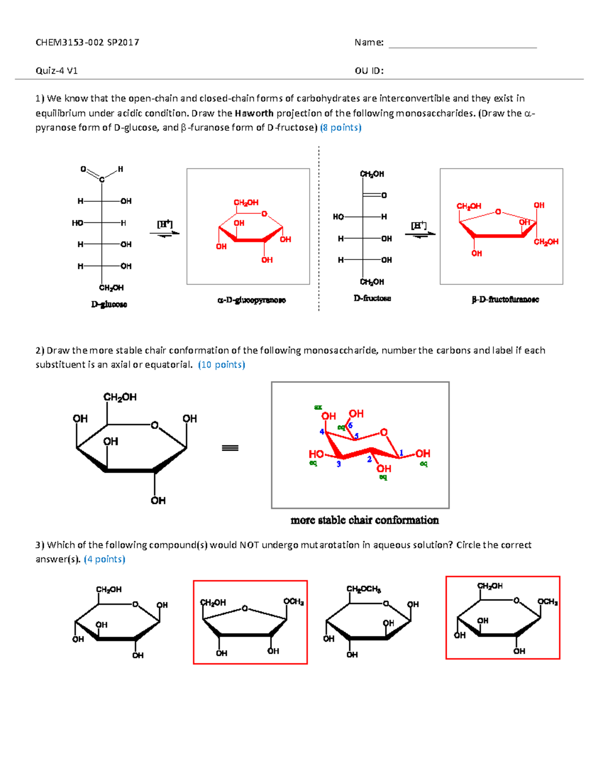 Quiz-4 V1 Key - CHEM 3153 Organic Chemistry: Biological Emphasis Quiz ...