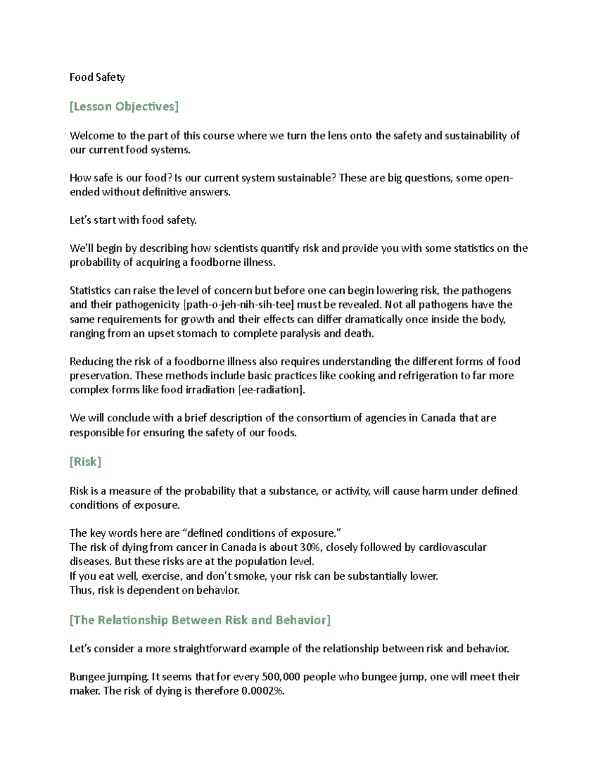 Food Safety - Food Safety [Lesson Objectives] Welcome to the part of ...