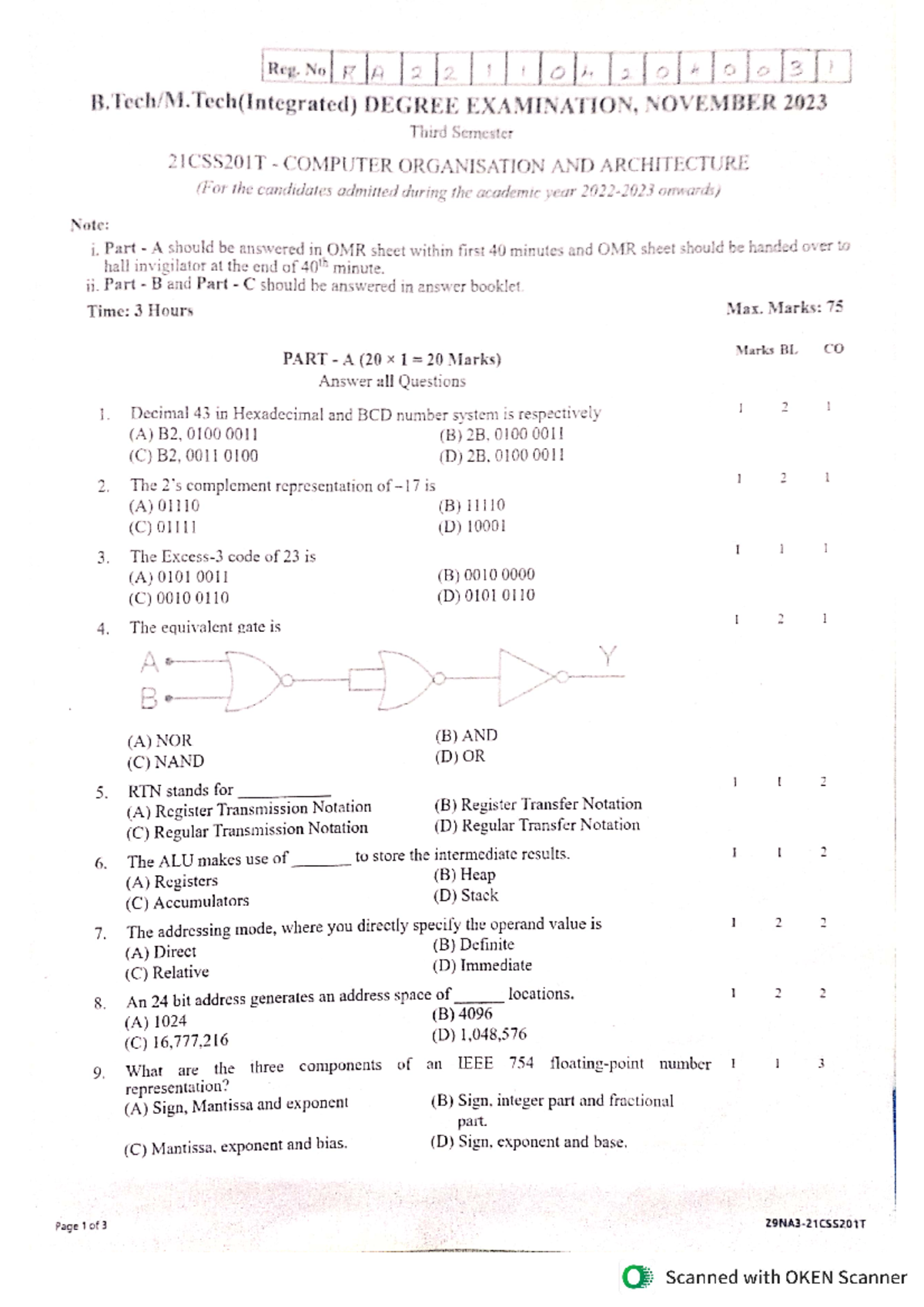 COA Sem Question paper - Reg. No RA2211042040031 DEGREE EXAMINATION ...