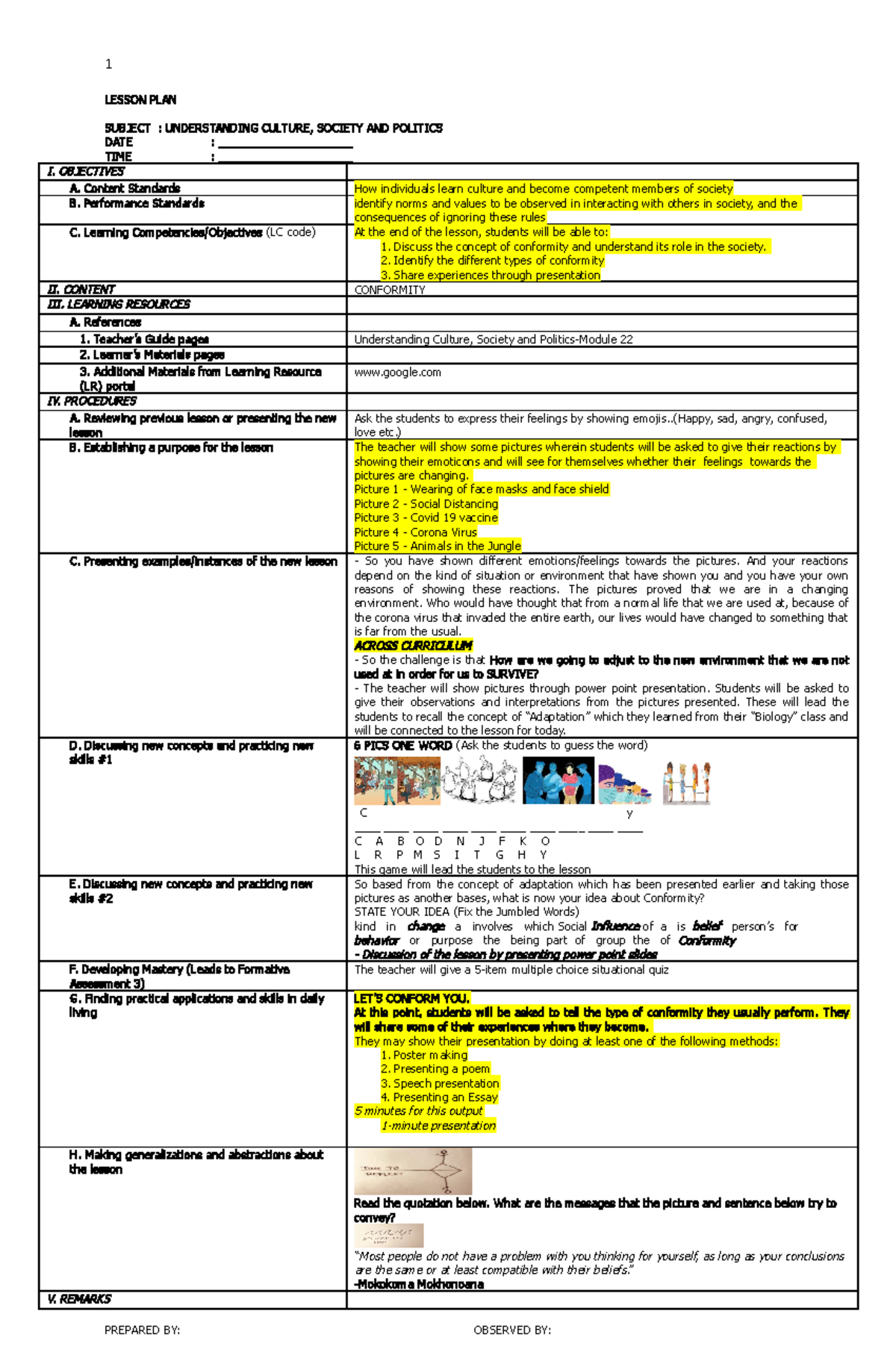 Lesson Plan-COT - 1 LESSON PLAN SUBJECT: UNDERSTANDING CULTURE, SOCIETY ...