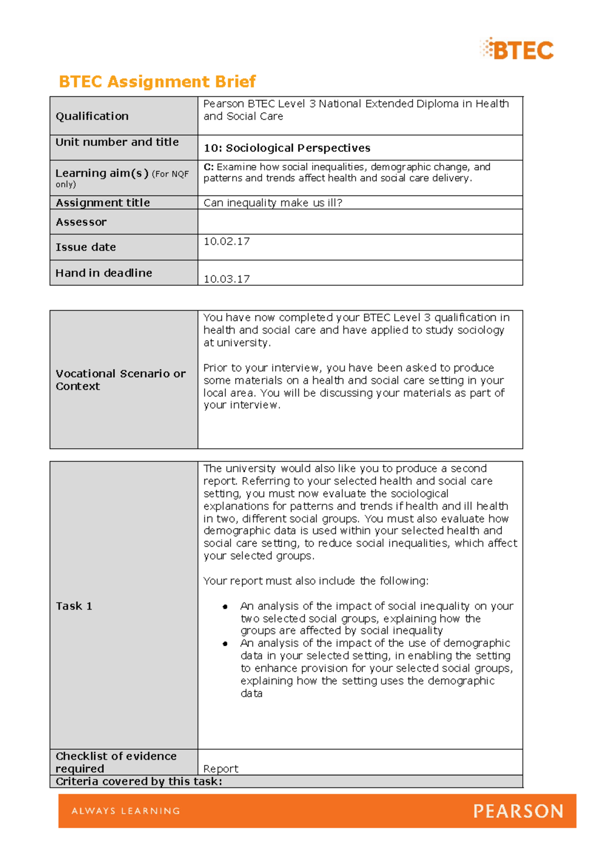 Unit 10 sa 2 - breif for unit 10 - BTEC Assignment Brief Qualification ...