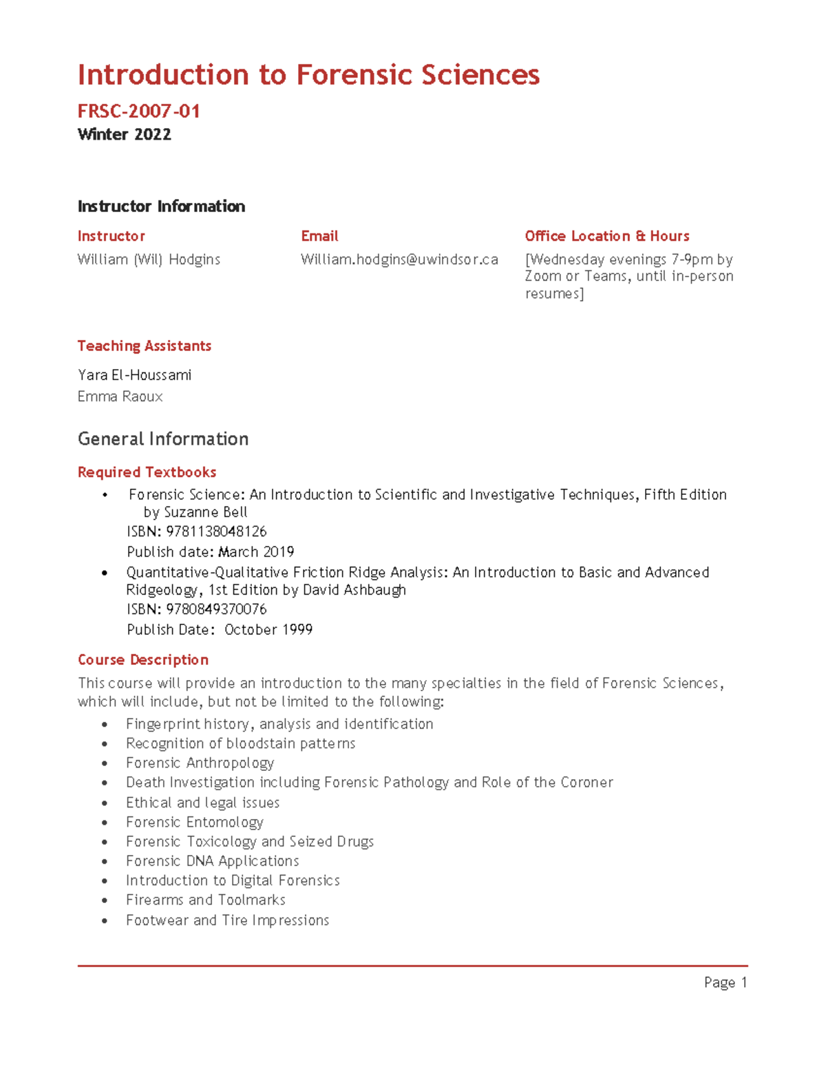 Syllabus Winter 2022 forensics - Introduction to Forensic Sciences FRSC ...