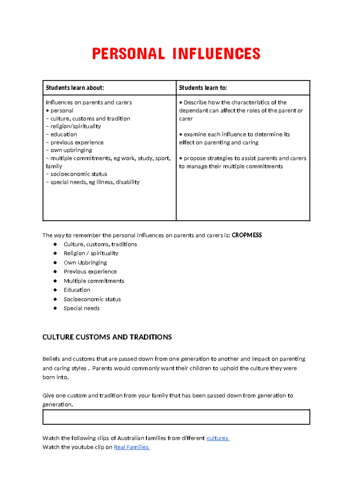 8. Personal Influences - PERSONAL INFLUENCES Students learn about ...