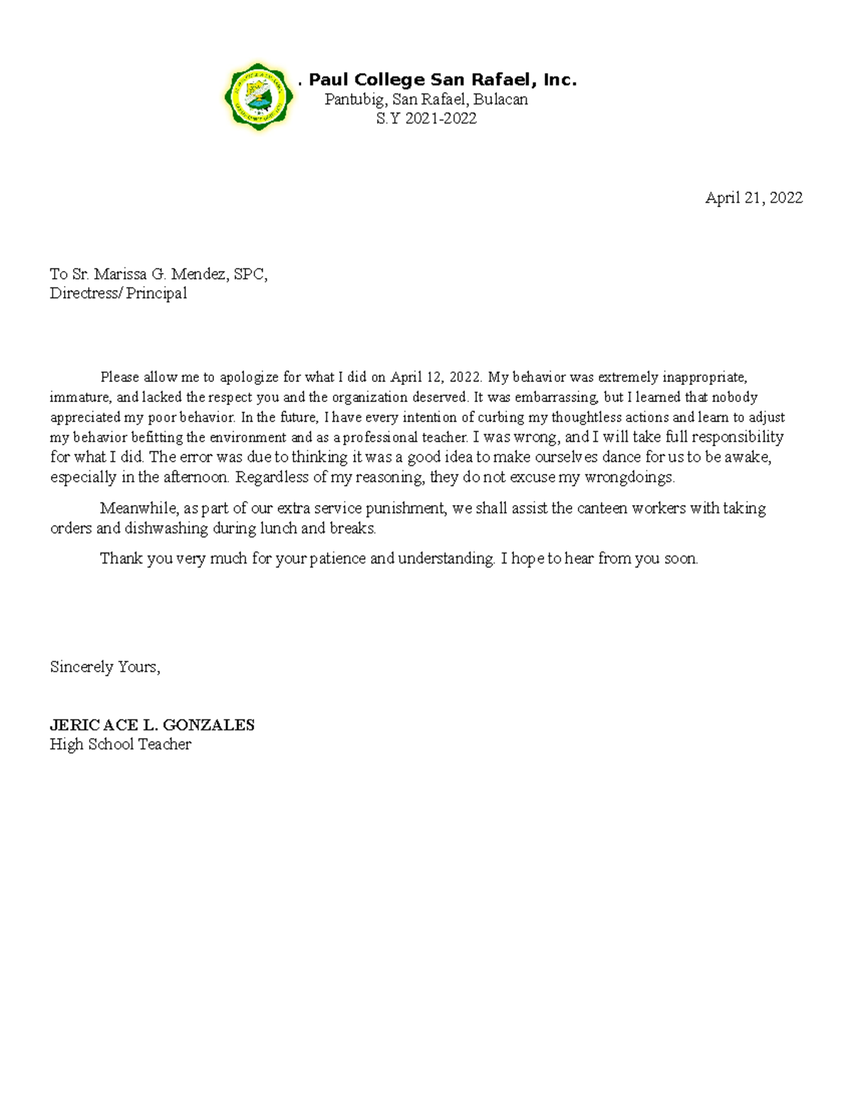 Apology letter by A super - St. Paul College San Rafael, Inc. Pantubig ...
