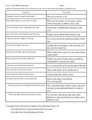 Sonnet 18 Answer Key - Shakespearean Sonnet Analysis Name: Directions ...