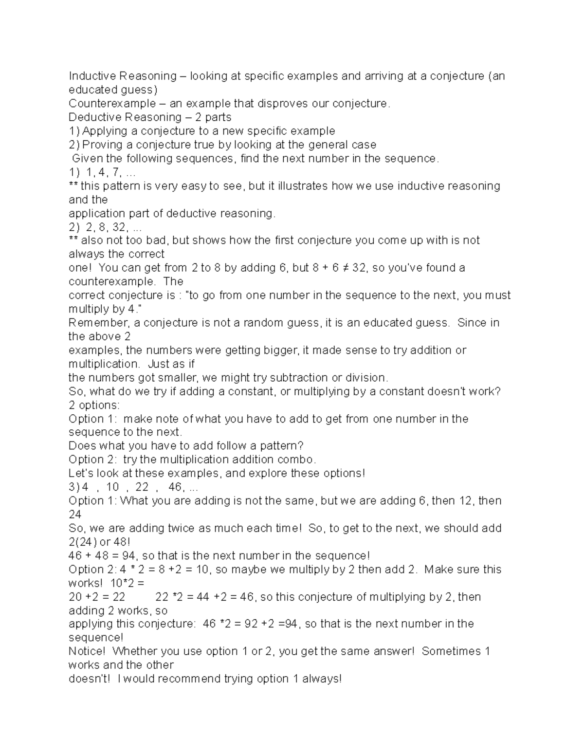 Math Notes - Math - Inductive Reasoning – looking at specific examples ...