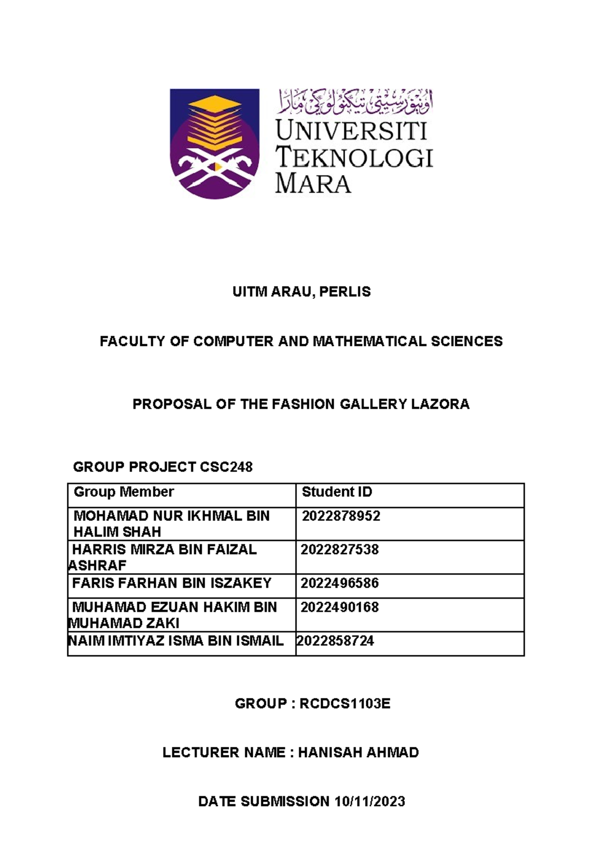 CSC 248 Proposal ( Lazora) - UITM ARAU, PERLIS FACULTY OF COMPUTER AND MATHEMATICAL SCIENCES ...