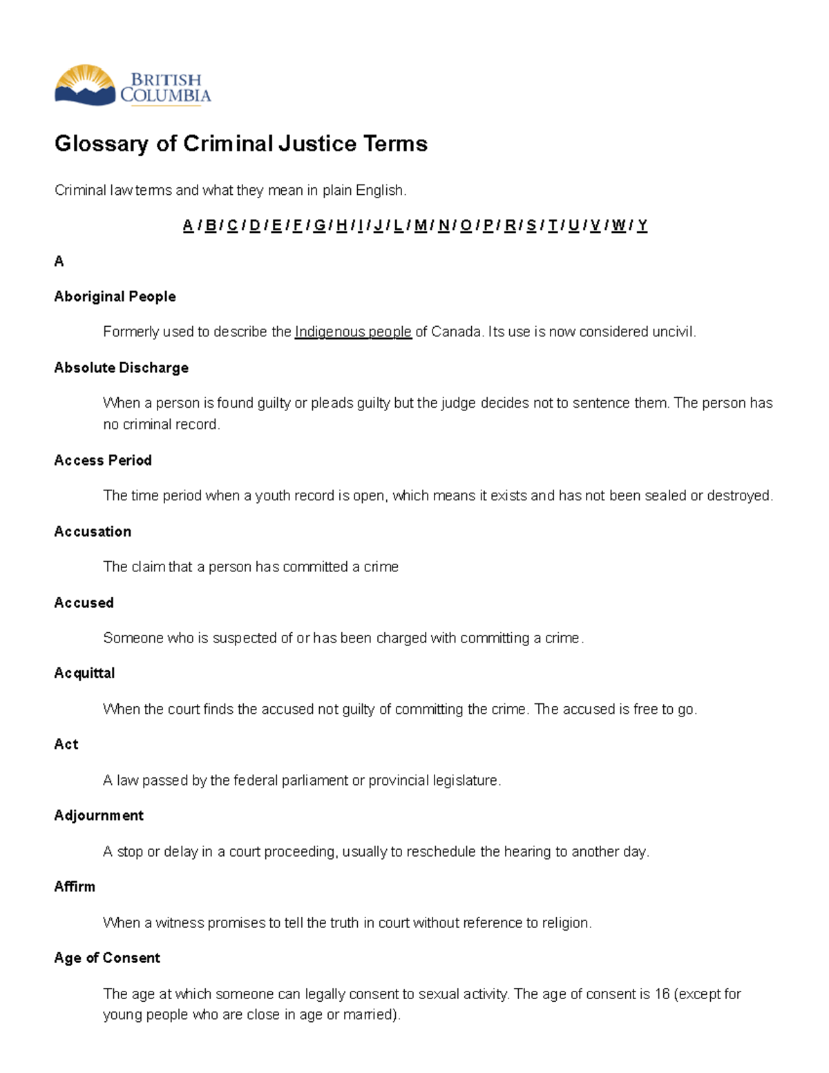 Glossary of Criminal Justice Terms - Province of British Columbia ...