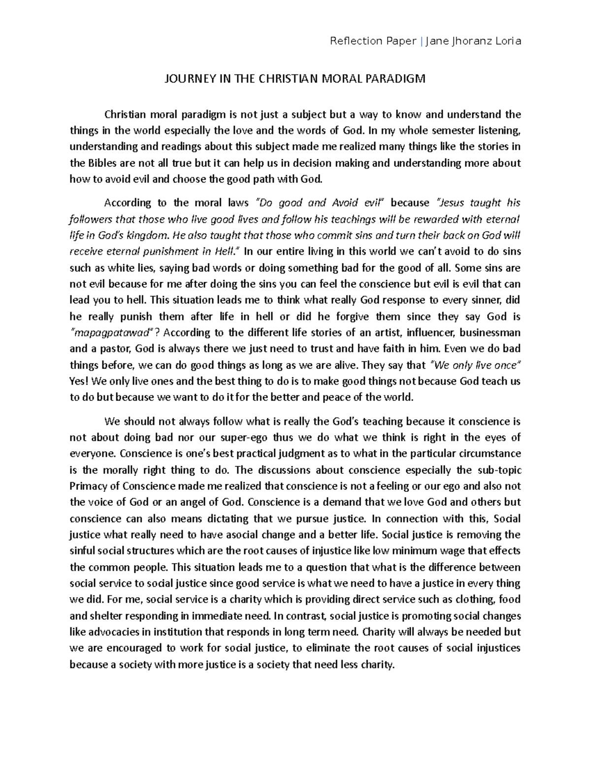 Journey IN THE Christian Moral Paradigm - Reflection Paper | Jane ...