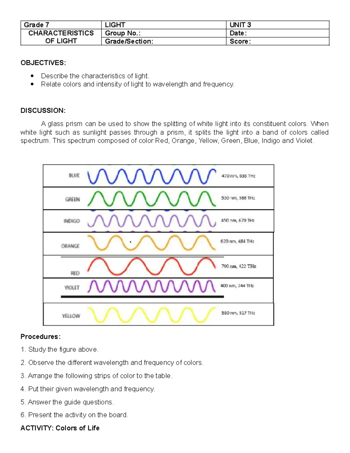 Activity Light - Grade 7 LIGHT UNIT 3 CHARACTERISTICS OF LIGHT Group No ...