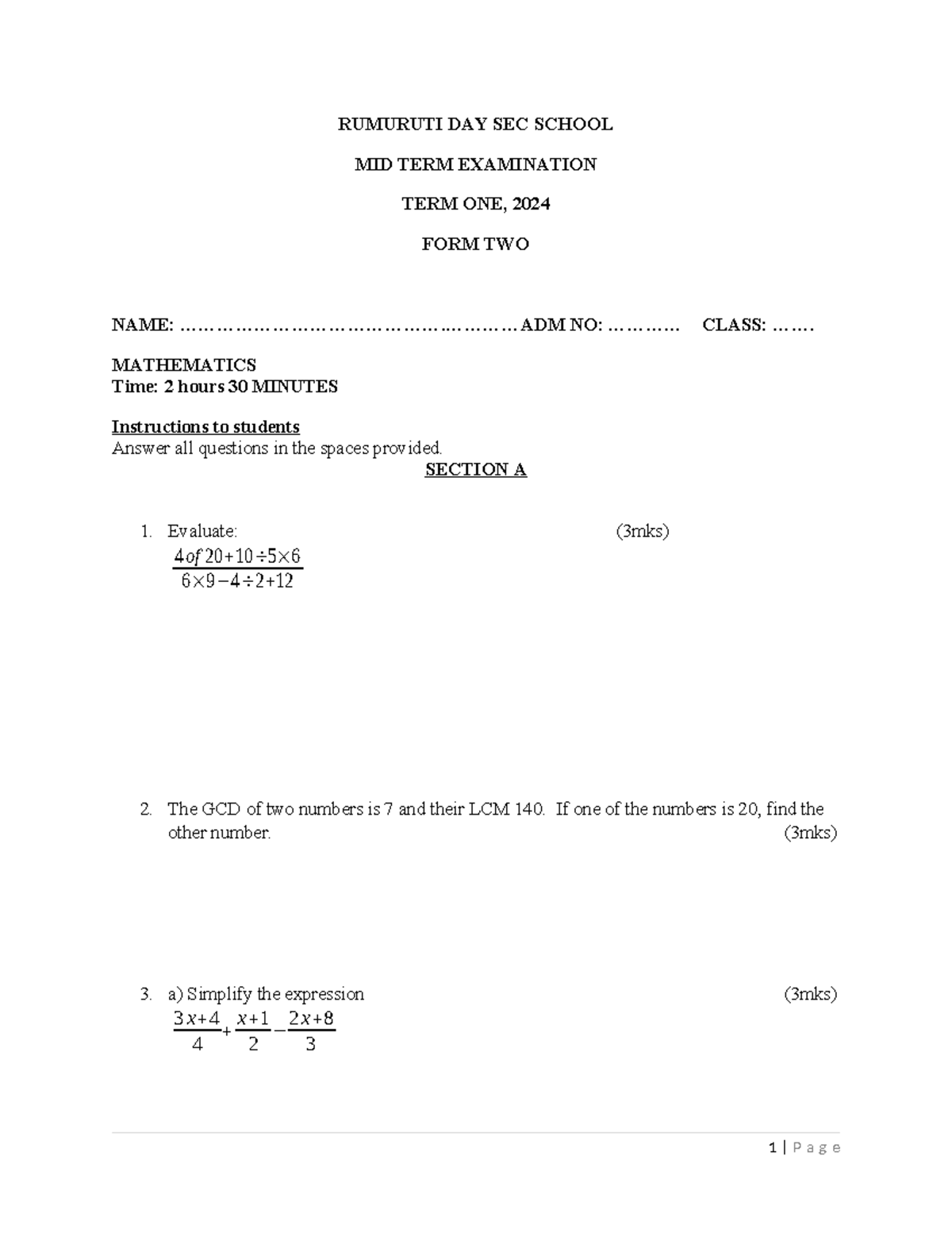 F1 Mathematics QS - DATA - RUMURUTI DAY SEC SCHOOL MID TERM EXAMINATION ...