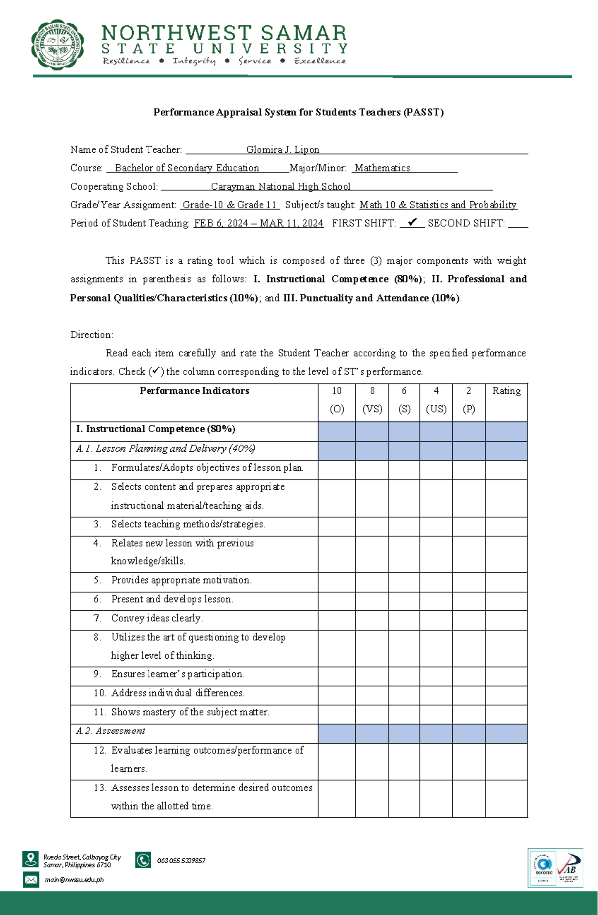 PT-Rating-Sheetx- Passt Glo - Rueda Street, Calbayog City Samar ...