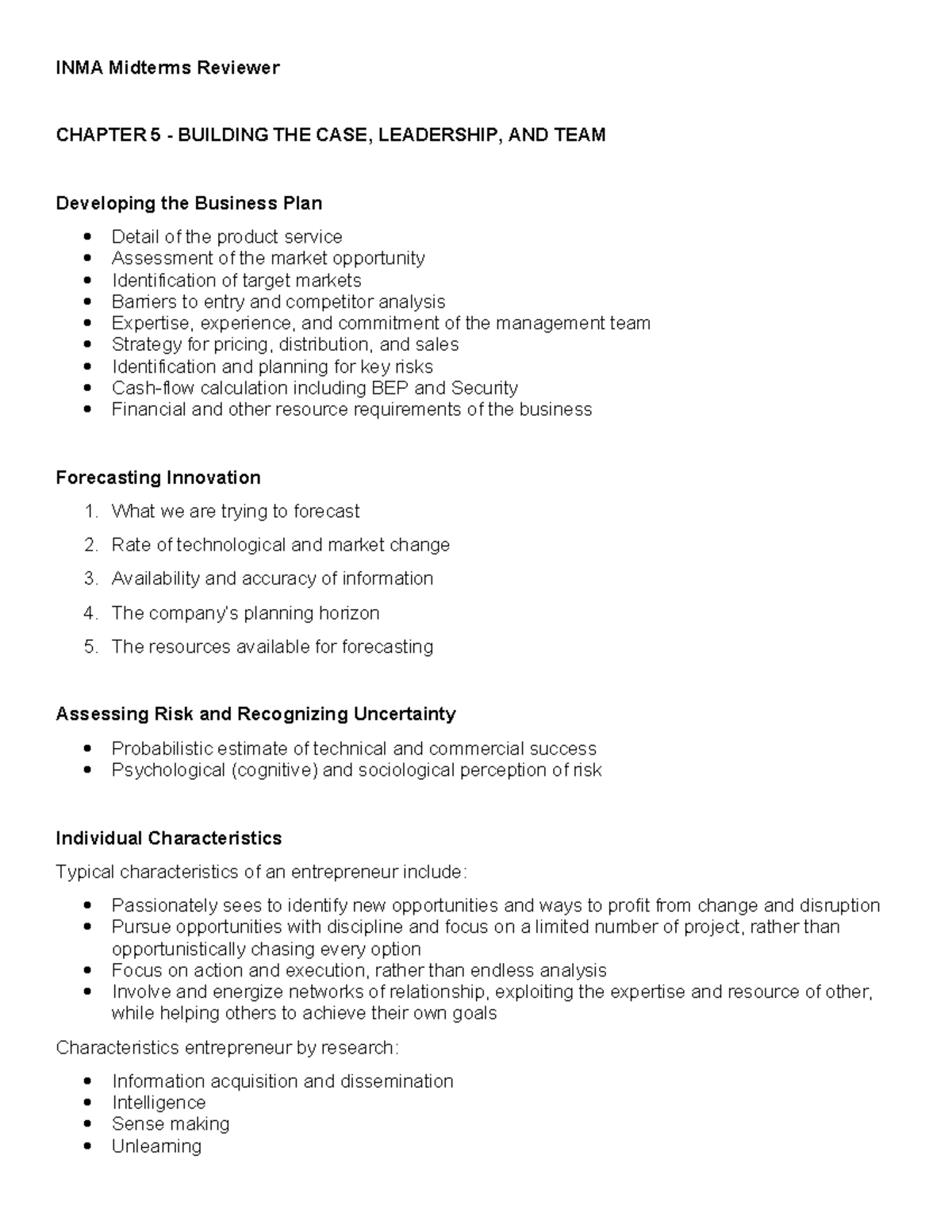 INMA Midterms Reviewer - INMA Midterms Reviewer CHAPTER 5 - BUILDING THE CASE, LEADERSHIP, AND ...