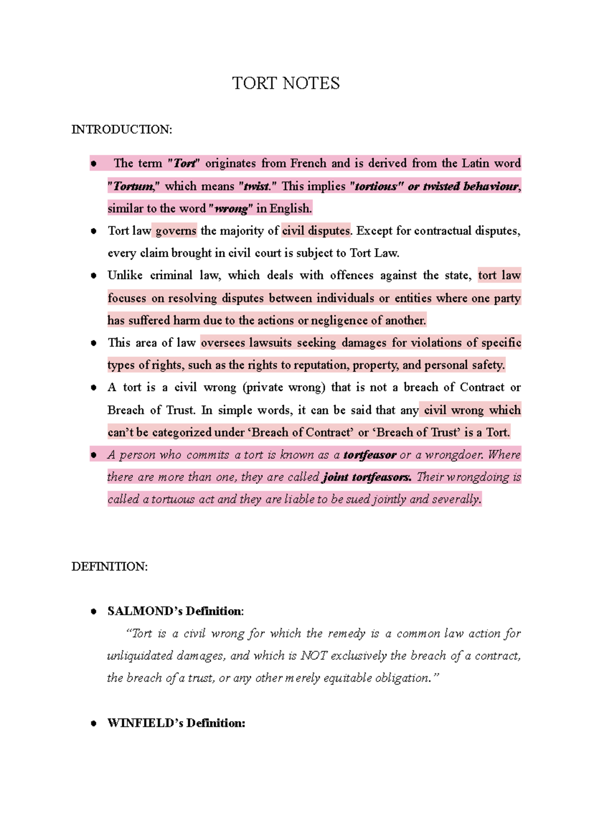 TORT Notes - Tort law covers civil wrongs in which someone is harmed or ...