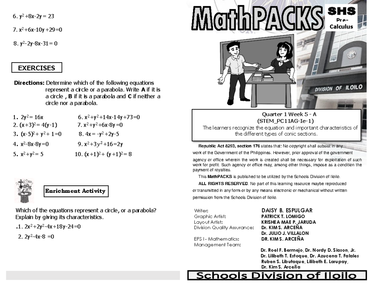 Math11 Pre Cal Q1Wk5-ABC-Key-v - Enrichment Activity 6. y 2 +8x-2y= 23 ...