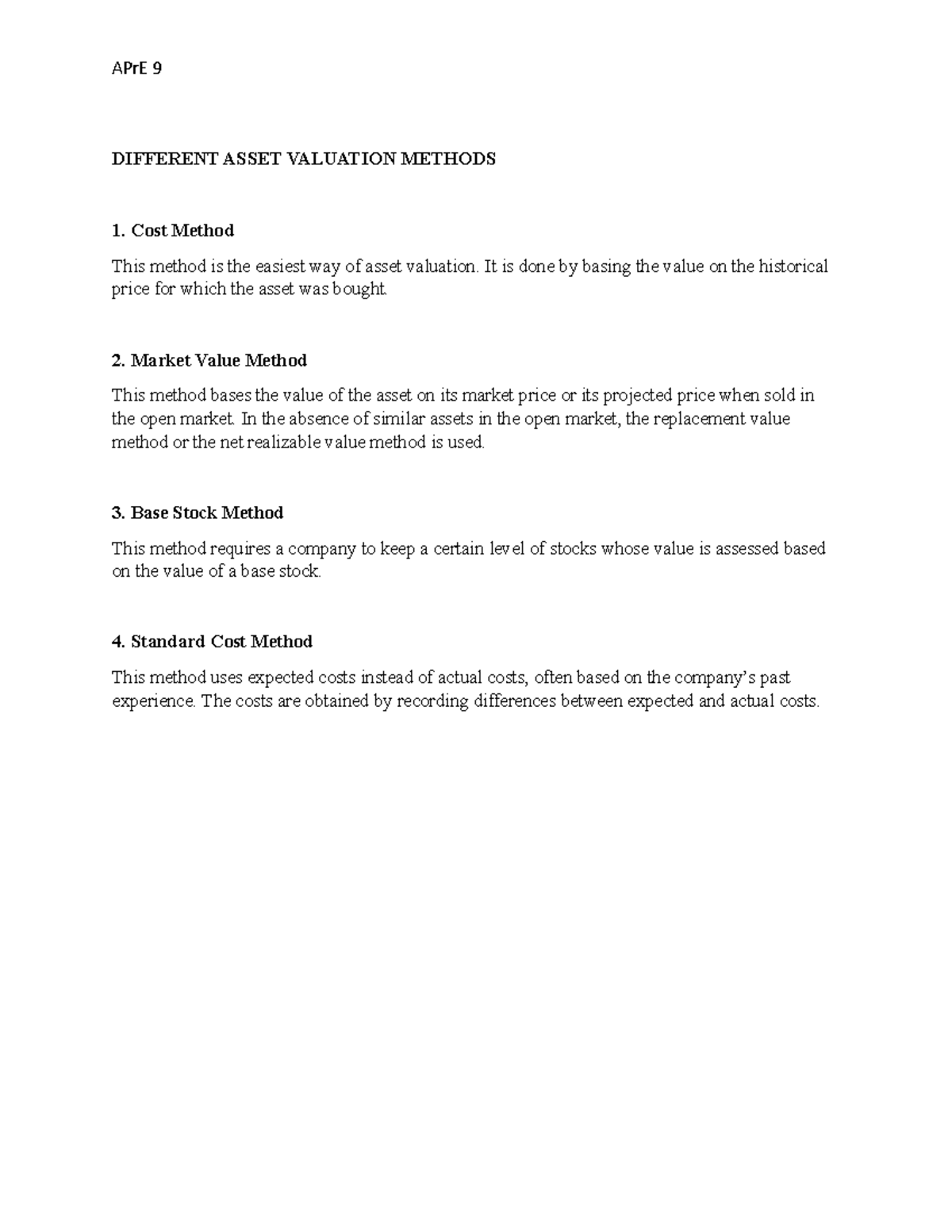 Asset Valuation Methods - APrE 9 DIFFERENT ASSET VALUATION METHODS 1 ...