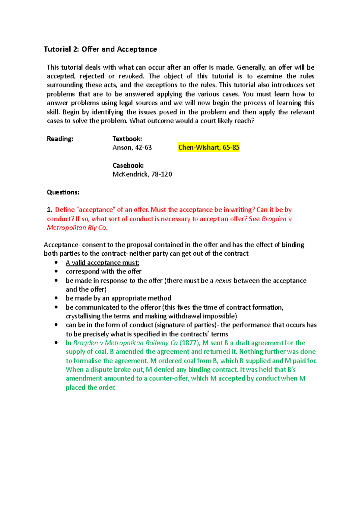 Tutorial 2 worksheet - Tutorial 2: Offer and Acceptance This tutorial ...