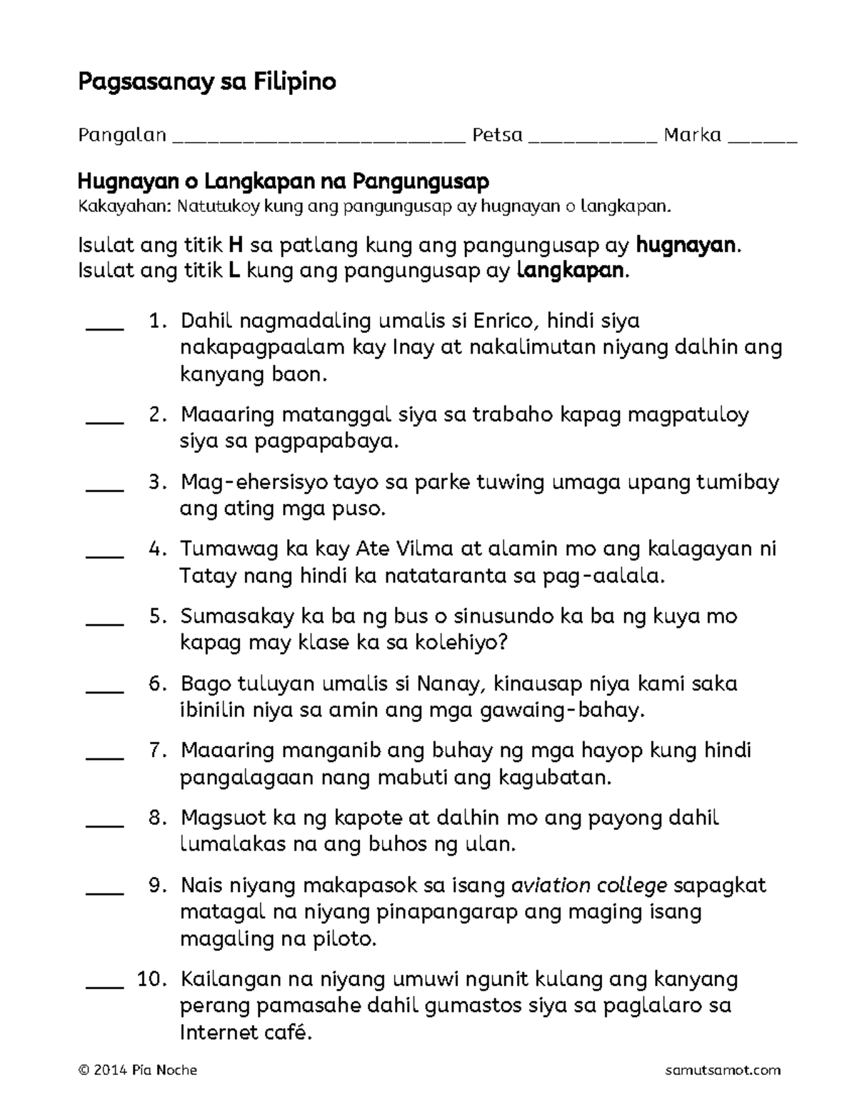 Hugnayan-o-langkapan 1-1 - Pagsasanay sa Filipino Pangalan ...