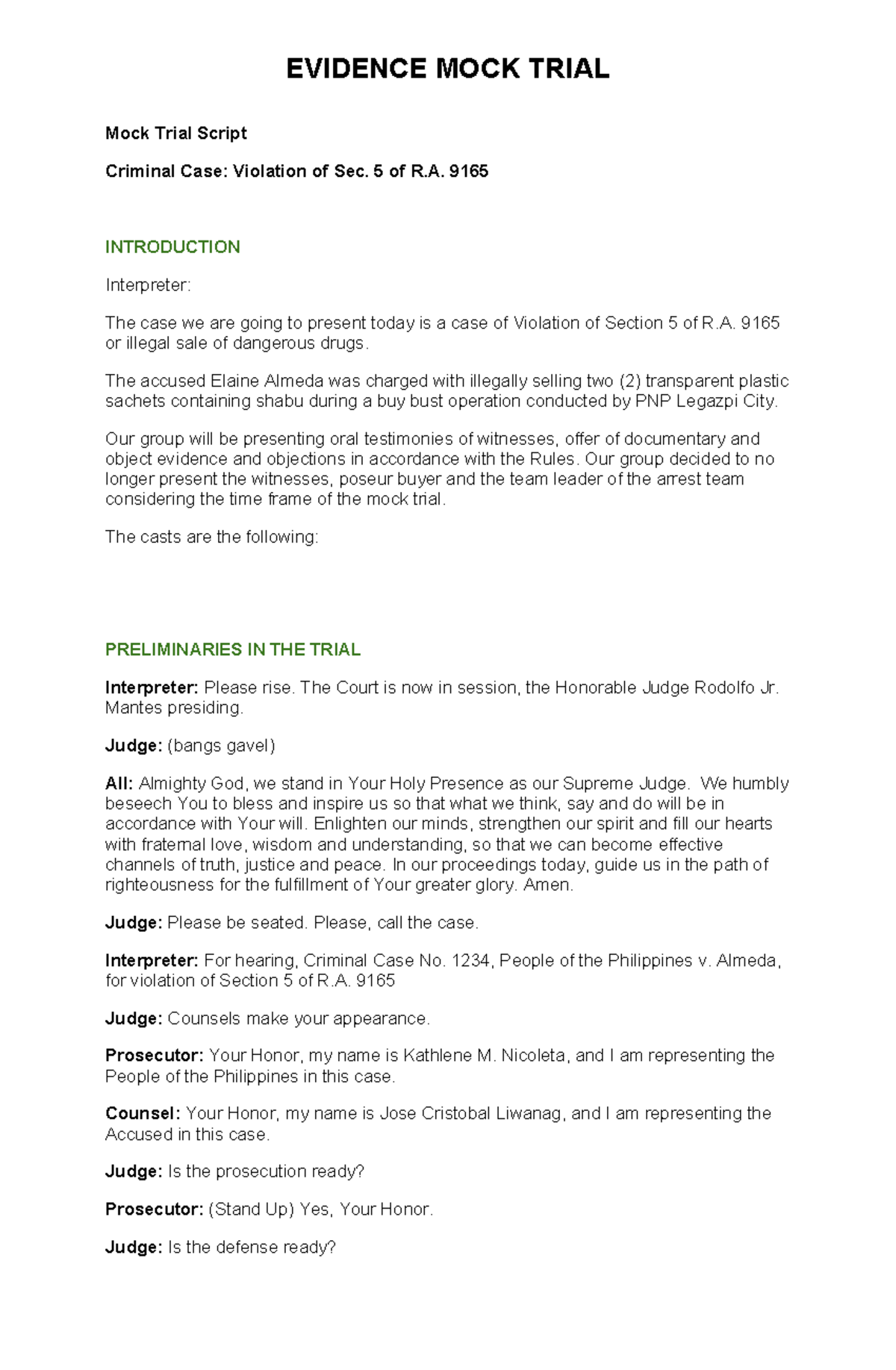 Evidence-Mock Trial 2 - Mock Trial Script Criminal Case: Violation of ...