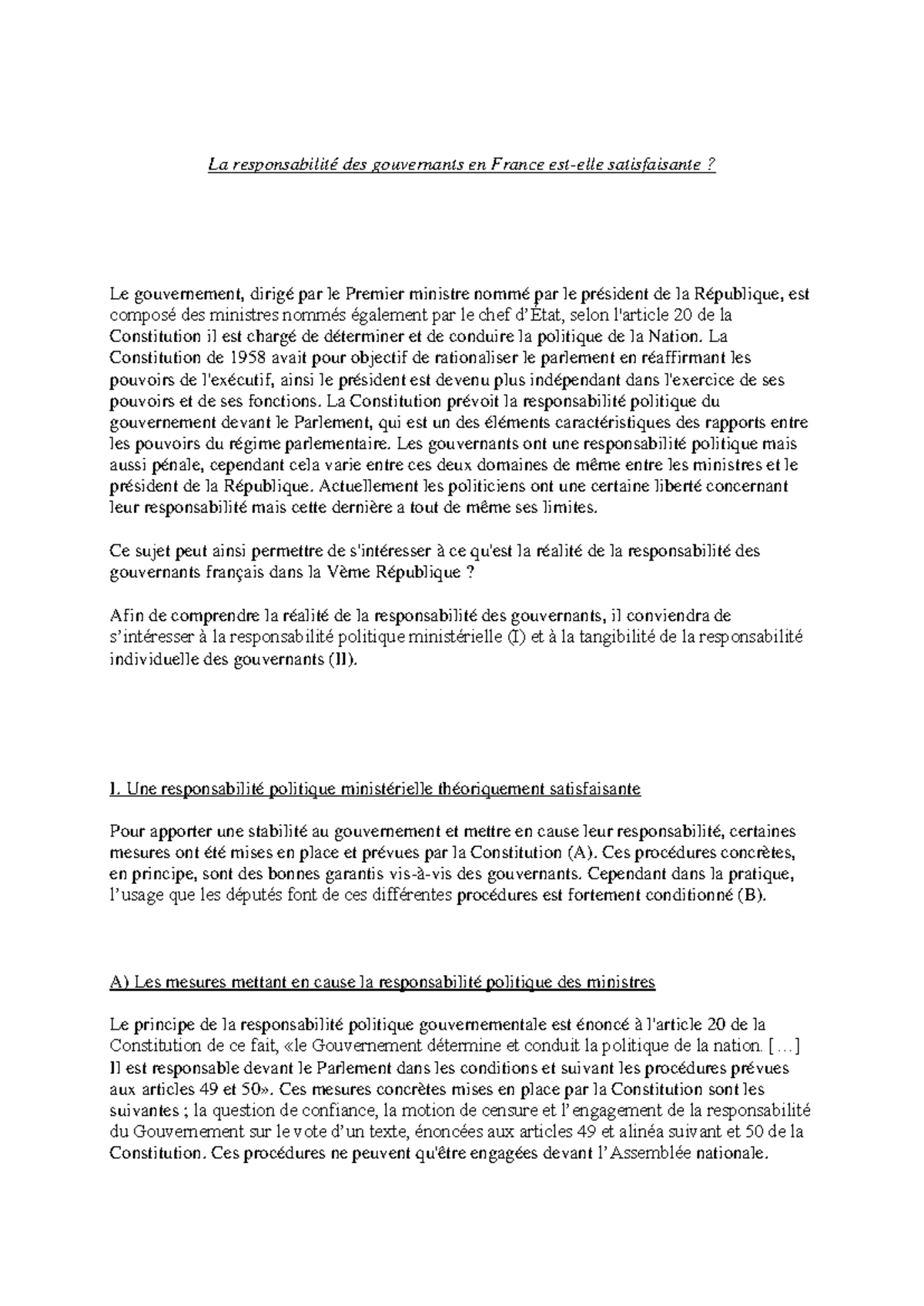 La responsabilité des gouvernants - La Constitution de 1958 avait pour ...