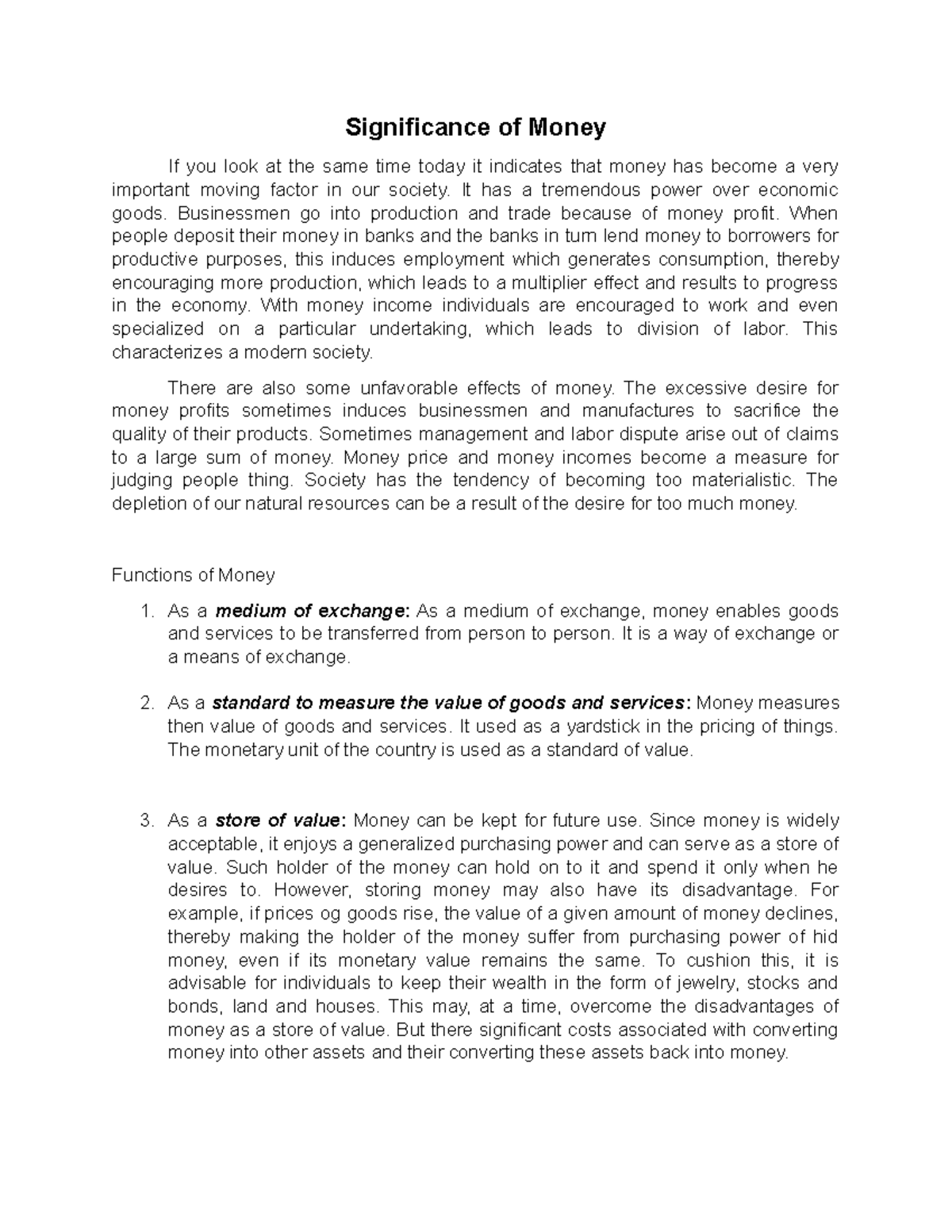 Monetary-Policy Significance-of-Money - Significance of Money If you ...