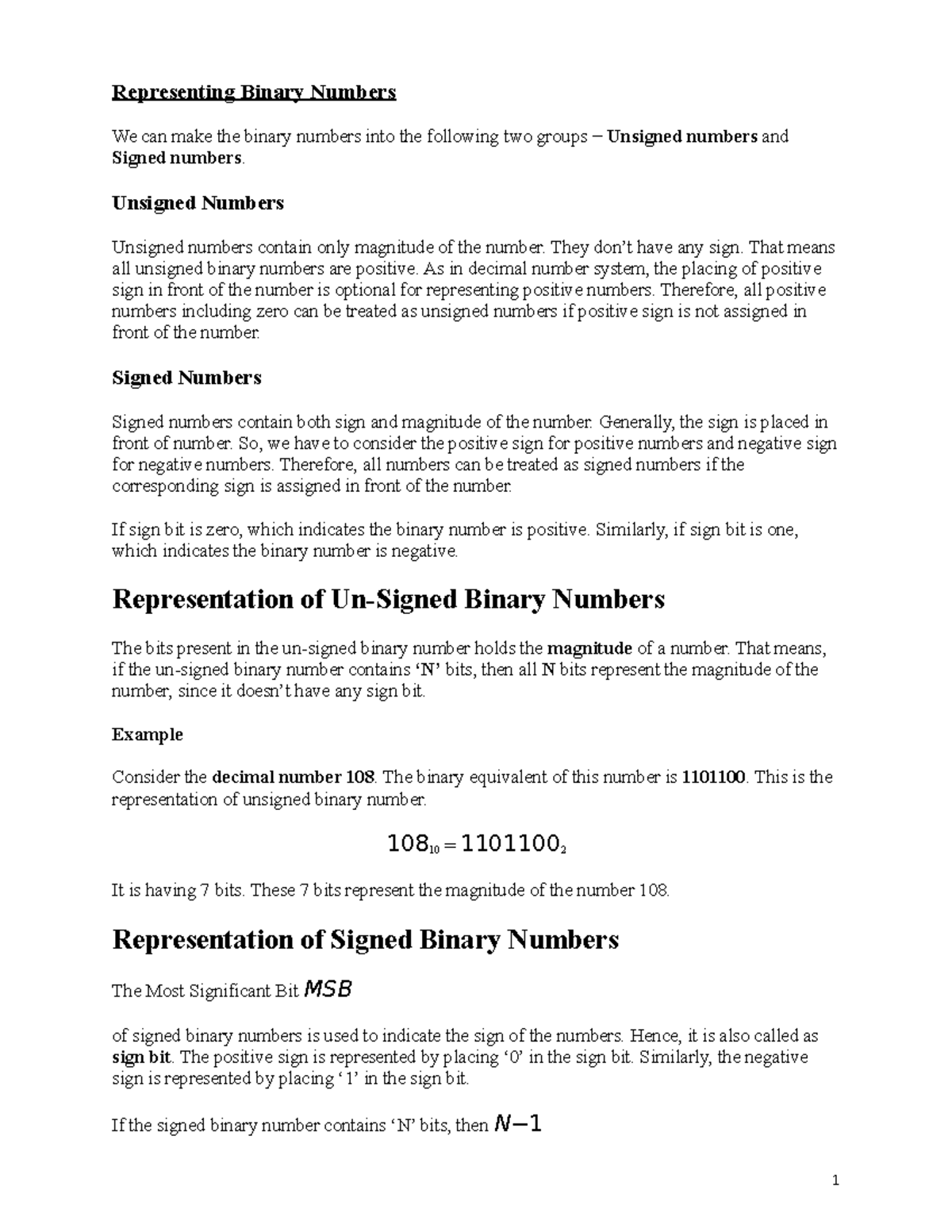 Representing Binary Numbers Unsigned Numbers Unsigned Numbers Contain Only Magnitude Of The