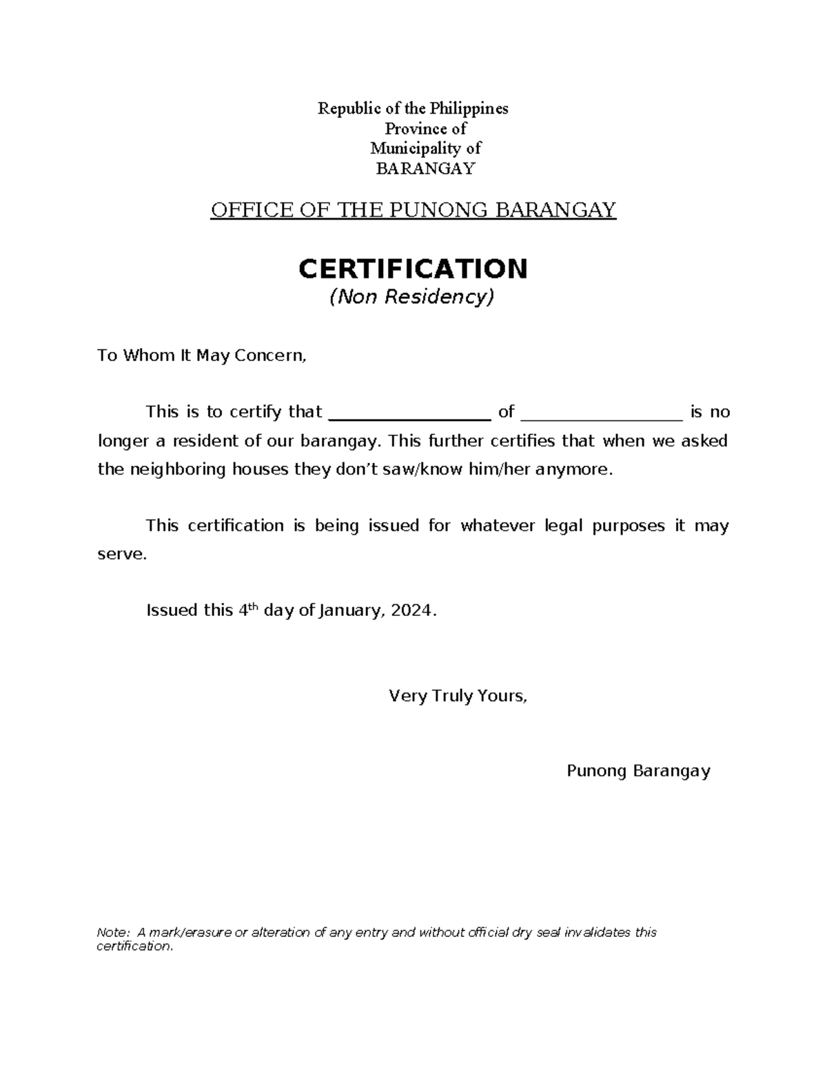 Non residency - Republic of the Philippines Province of Municipality of BARANGAY OFFICE OF THE ...