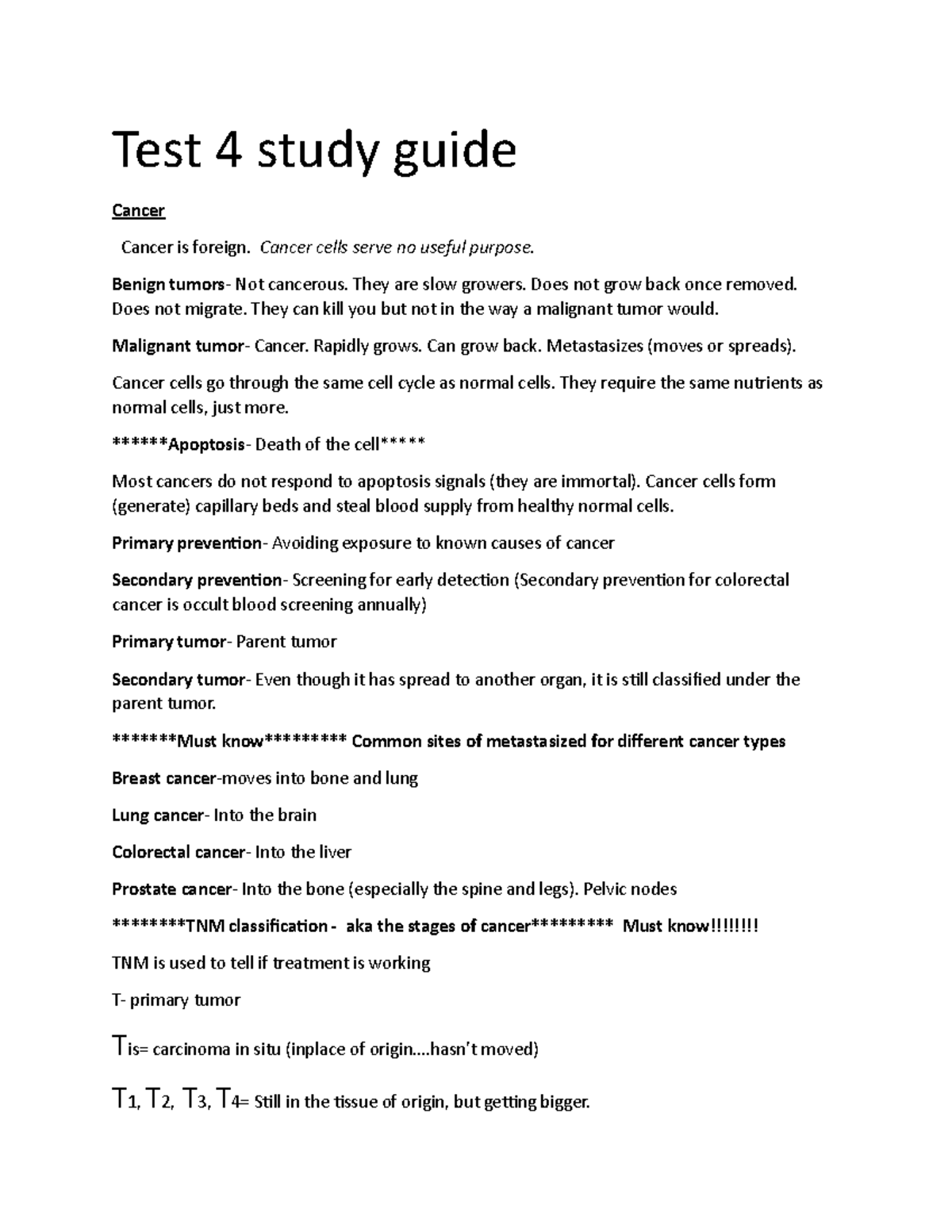 Test 4 study guide - test review - Test 4 study guide Cancer Cancer is ...