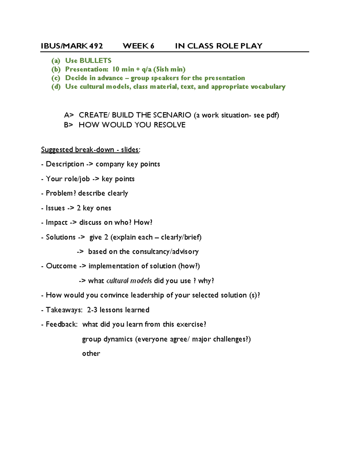 Wk 6 Role play slides guidelines - IBUS/MARK 492 WEEK 6 IN CLASS ROLE ...