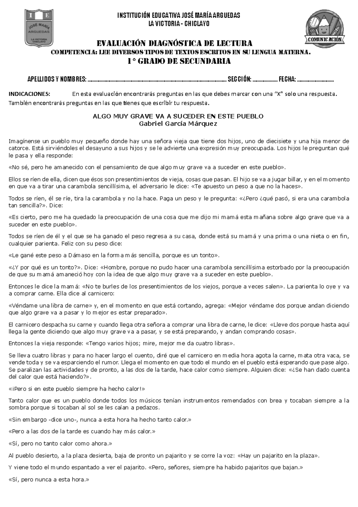 Evaluación Diagnóstica 2024-1° - EVALUACIÓN DIAGNÓSTICA DE LECTURA ...