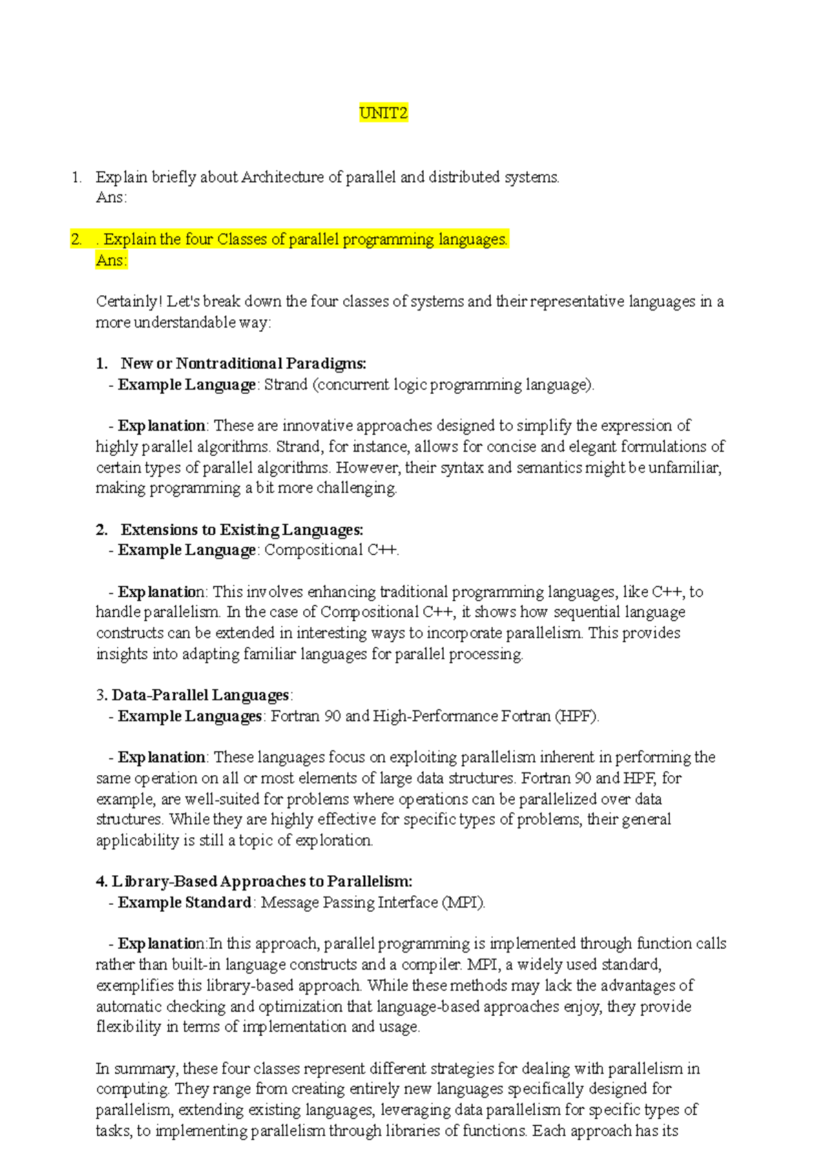 Pdc question bank answer - UNIT Explain briefly about Architecture of ...