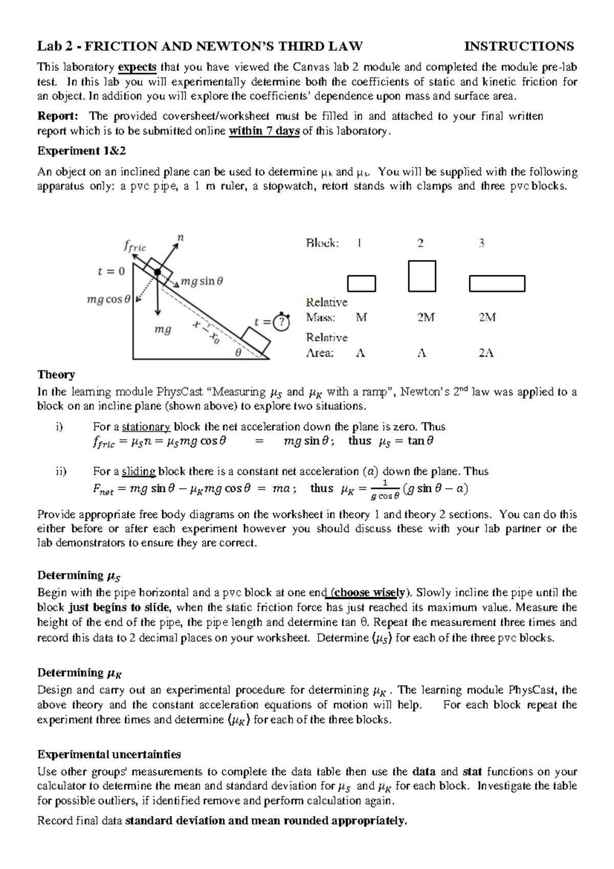 Lab 2- Friction Instructions - Lab 2 - FRICTION AND NEWTON’S THIRD LAW ...