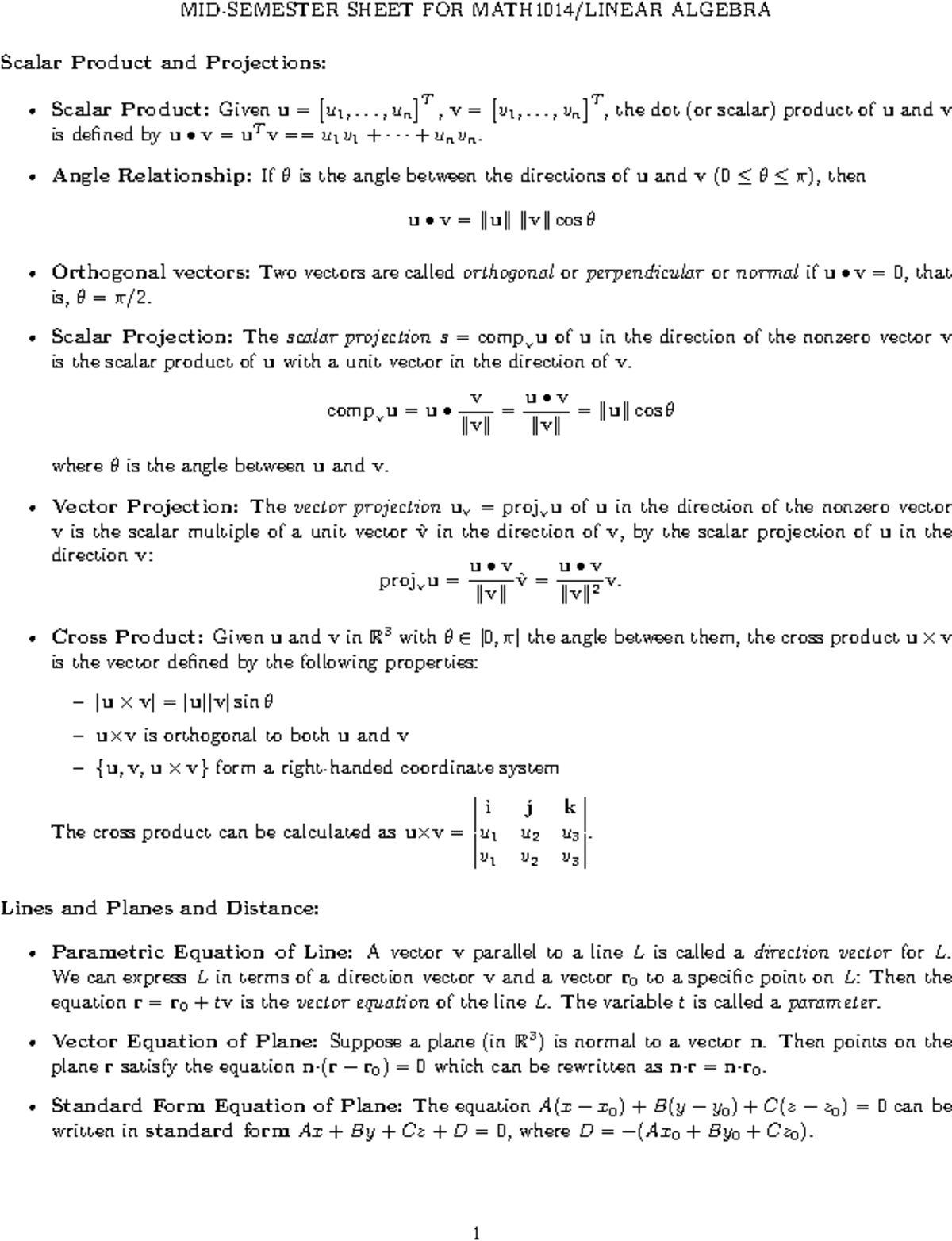MATH1014 LA Cheatsheet - MID-SEMESTER SHEET FOR MATH1014/LINEAR ALGEBRA Scalar Product and - Studocu