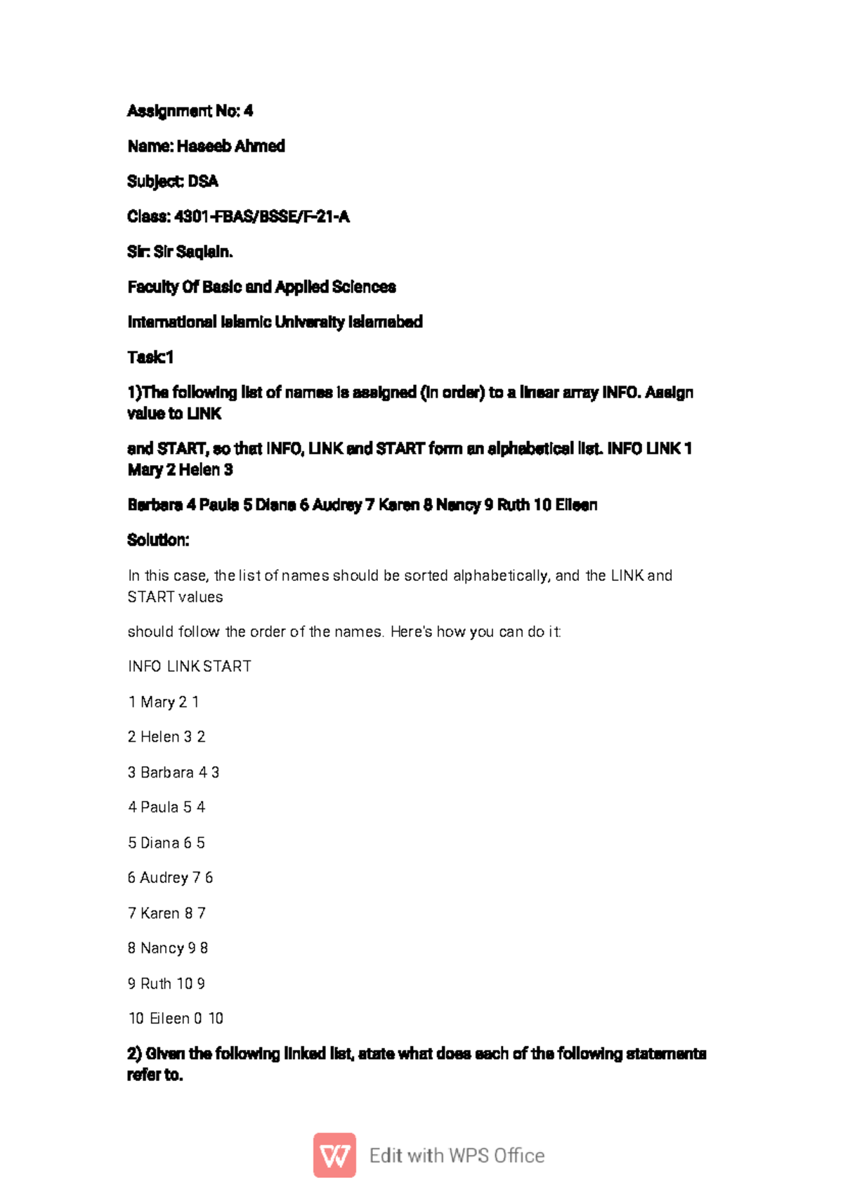 DSA 4 - Lab Journal 4 assignment - Assignment No: 4 Name: Haseeb Ahmed Subject: DSA Class: - Studocu