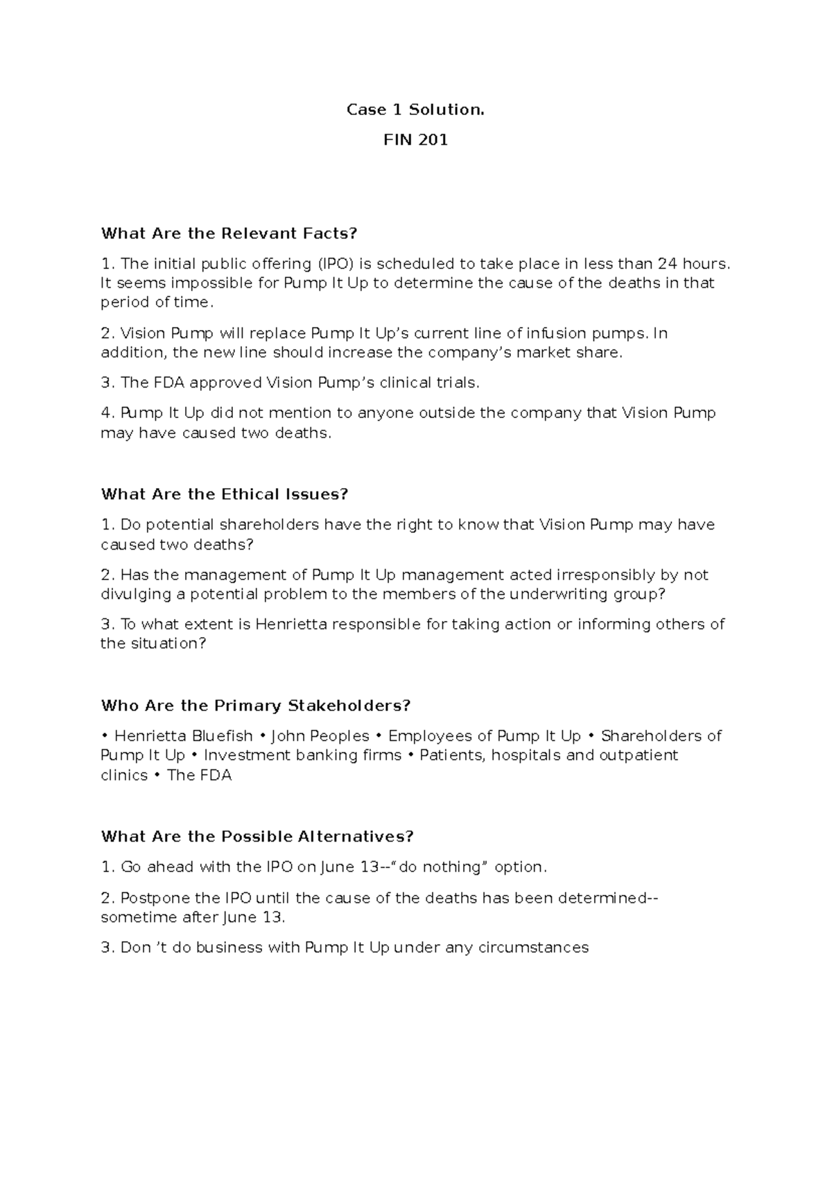 Case 1 Solution - Case 1 Solution. FIN 201 What Are the Relevant Facts ...