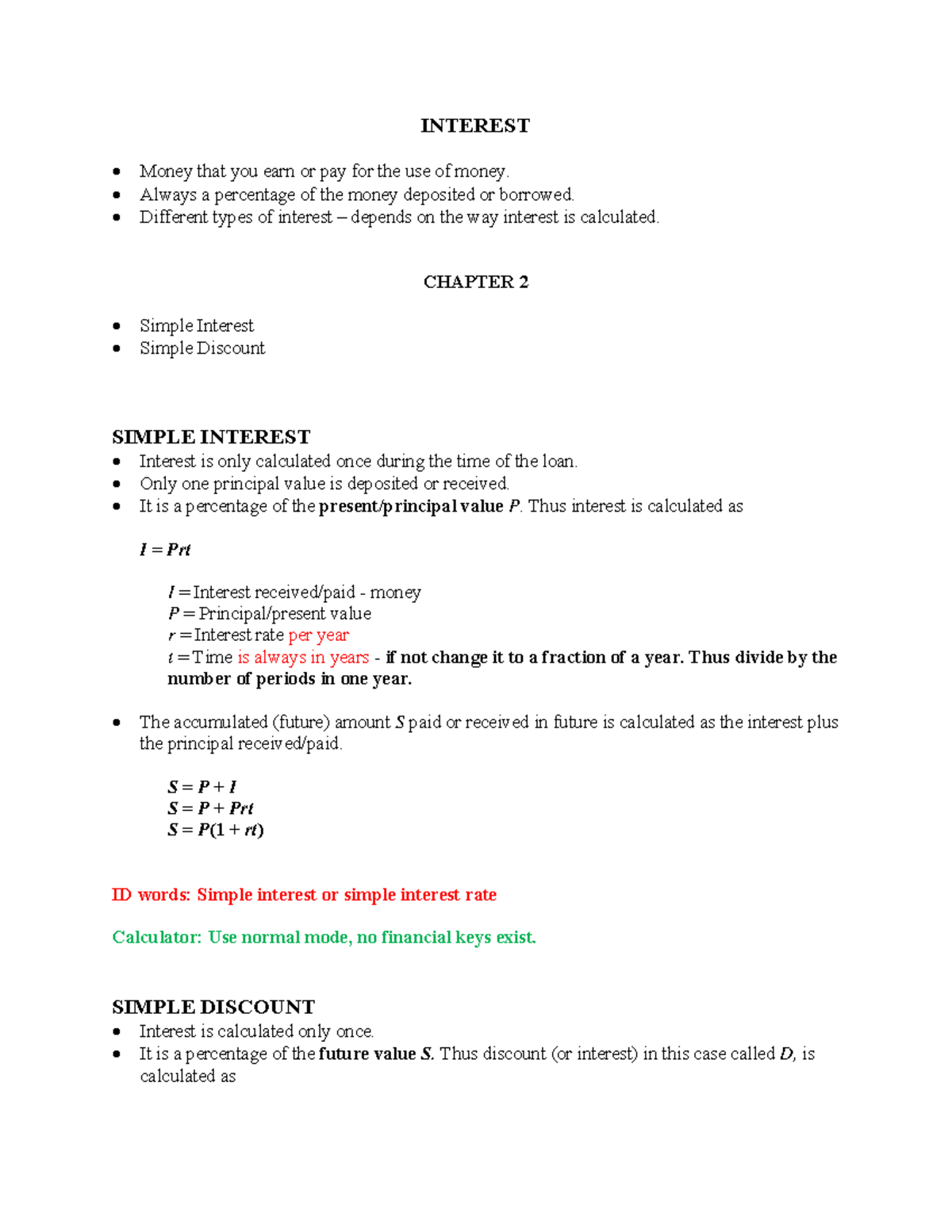 Summary OF Chapter 2 - INTEREST Money that you earn or pay for the use ...