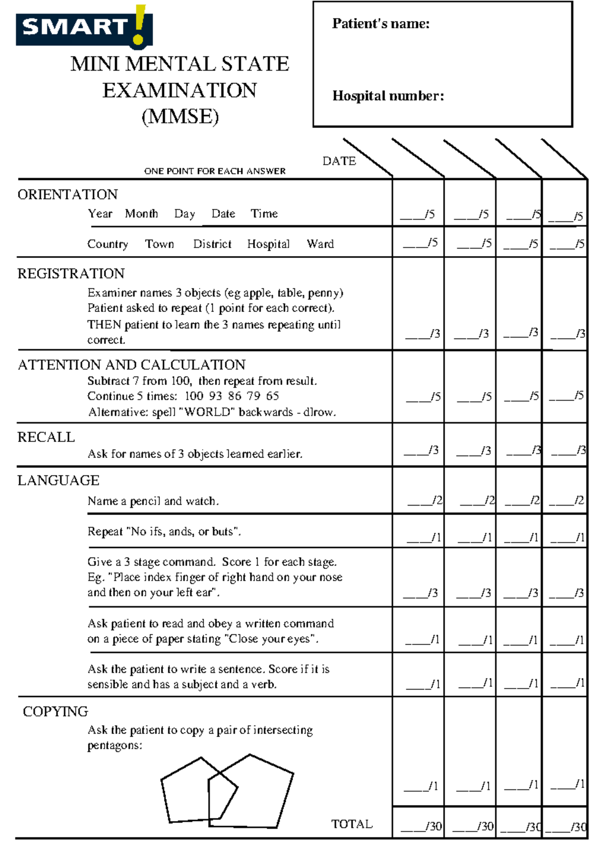 Mini-mental state exam - MINI MENTAL STATE EXAMINATION (MMSE) Patient's ...